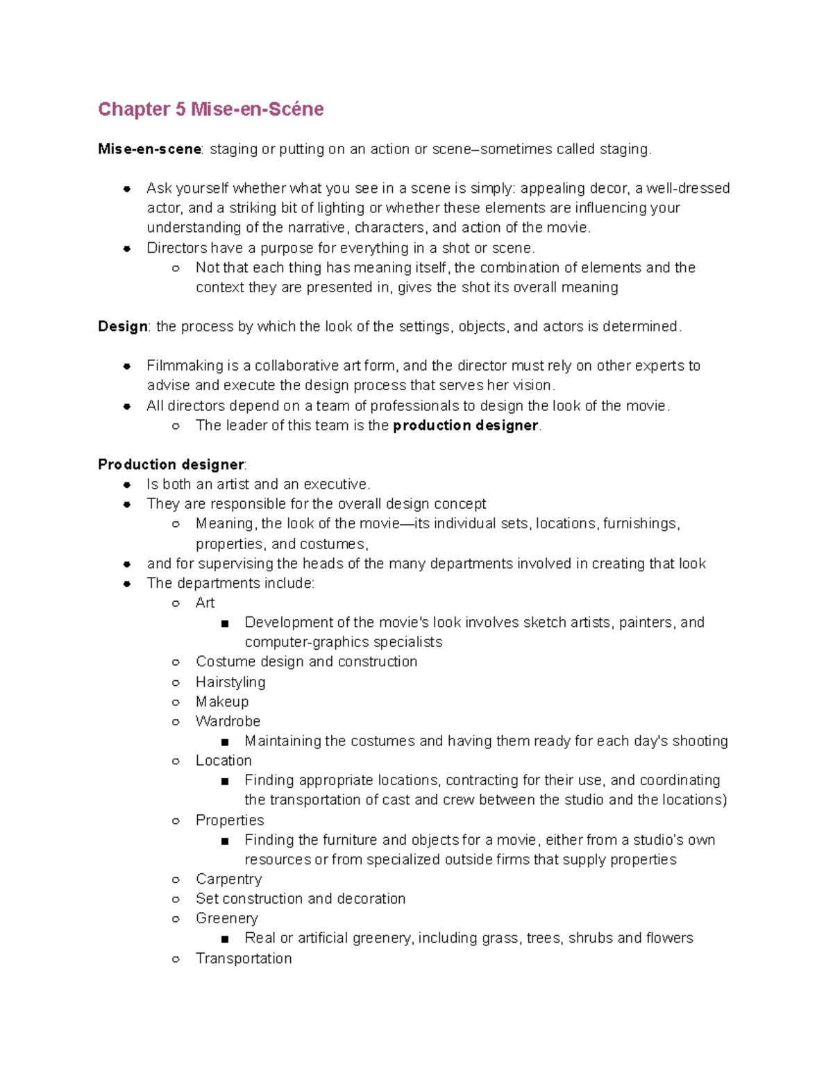 Intro to Cinema Chapter 5 Mise-en-Scéne - Chapter 5 Mise-en-Scéne Mise ...