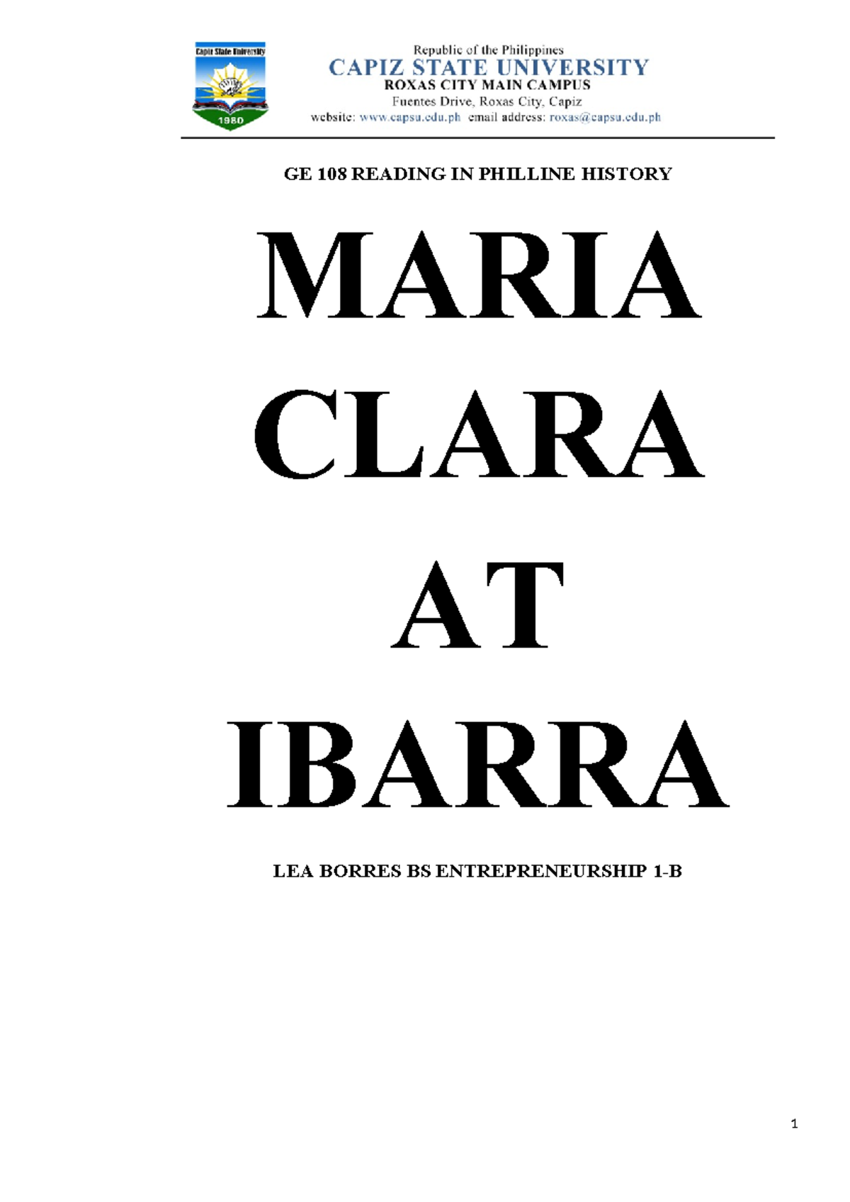 Maria Clara AT Ibarra - Summary Bsed Filipino - GE 108 READING IN ...