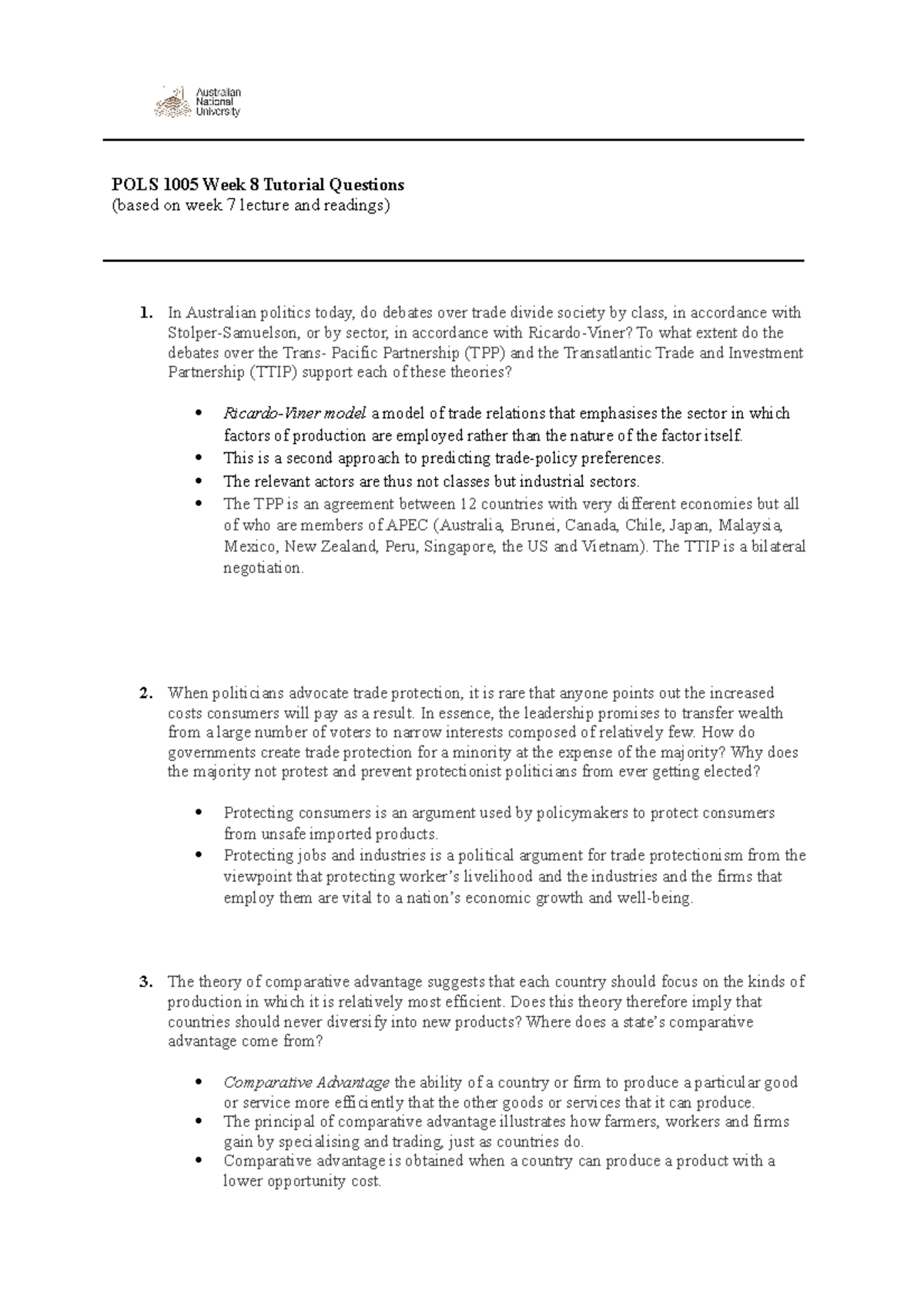 Missed tutorial contribution questions - POLS1005 - ANU - Studocu