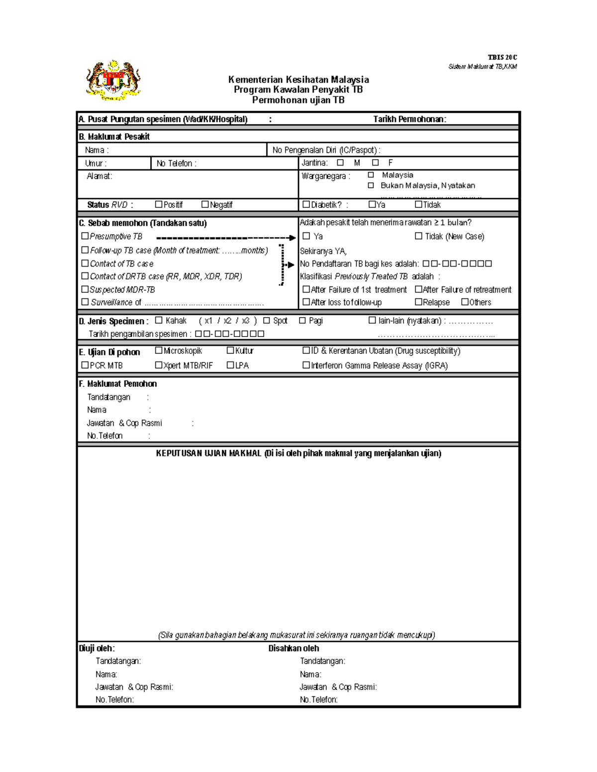 Borang permohonan ujian tibi - TBIS 20C Sistem Maklumat TB,KKM A. Pusat ...