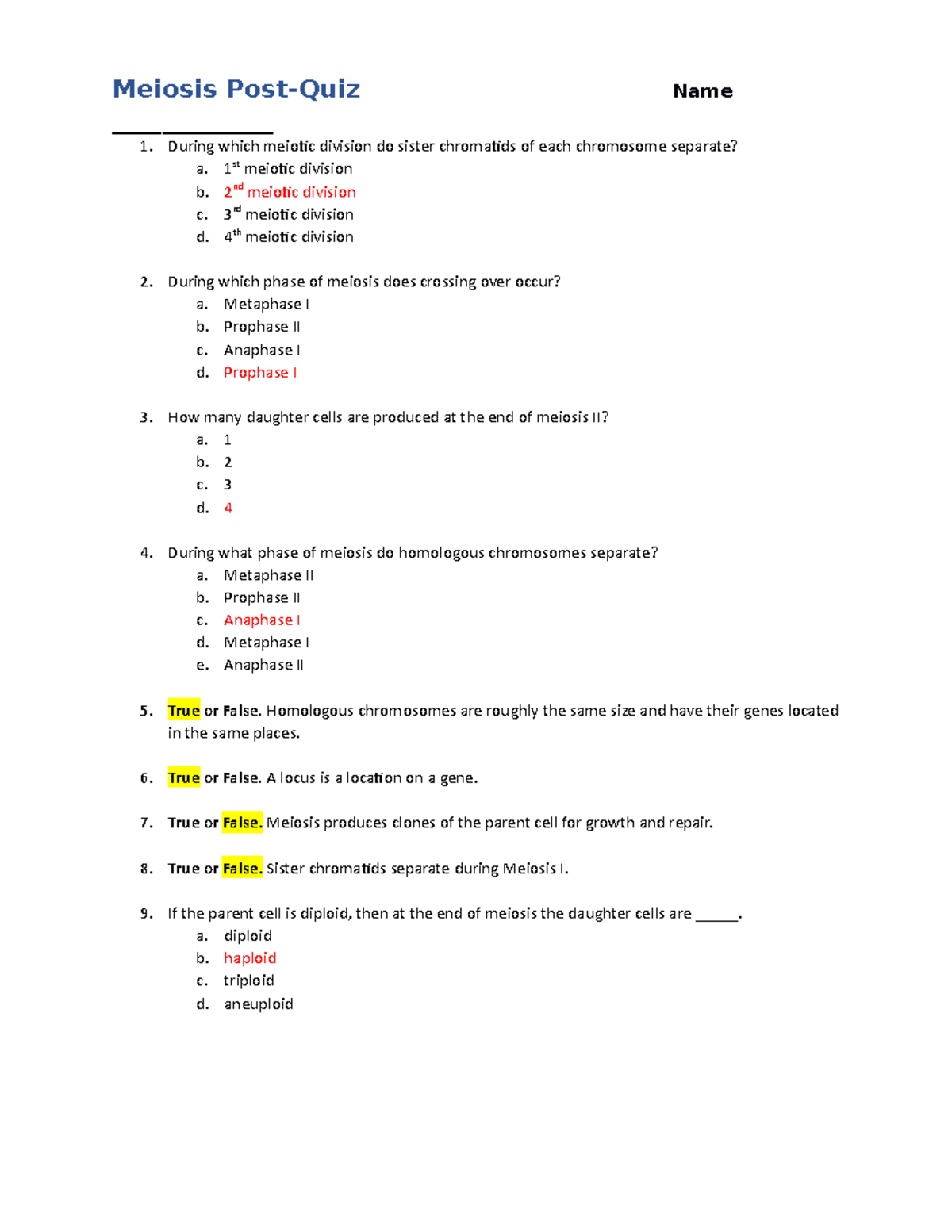 Meiosis Post Quiz KEY - Meiosis Post-Quiz Name _____________ During ...