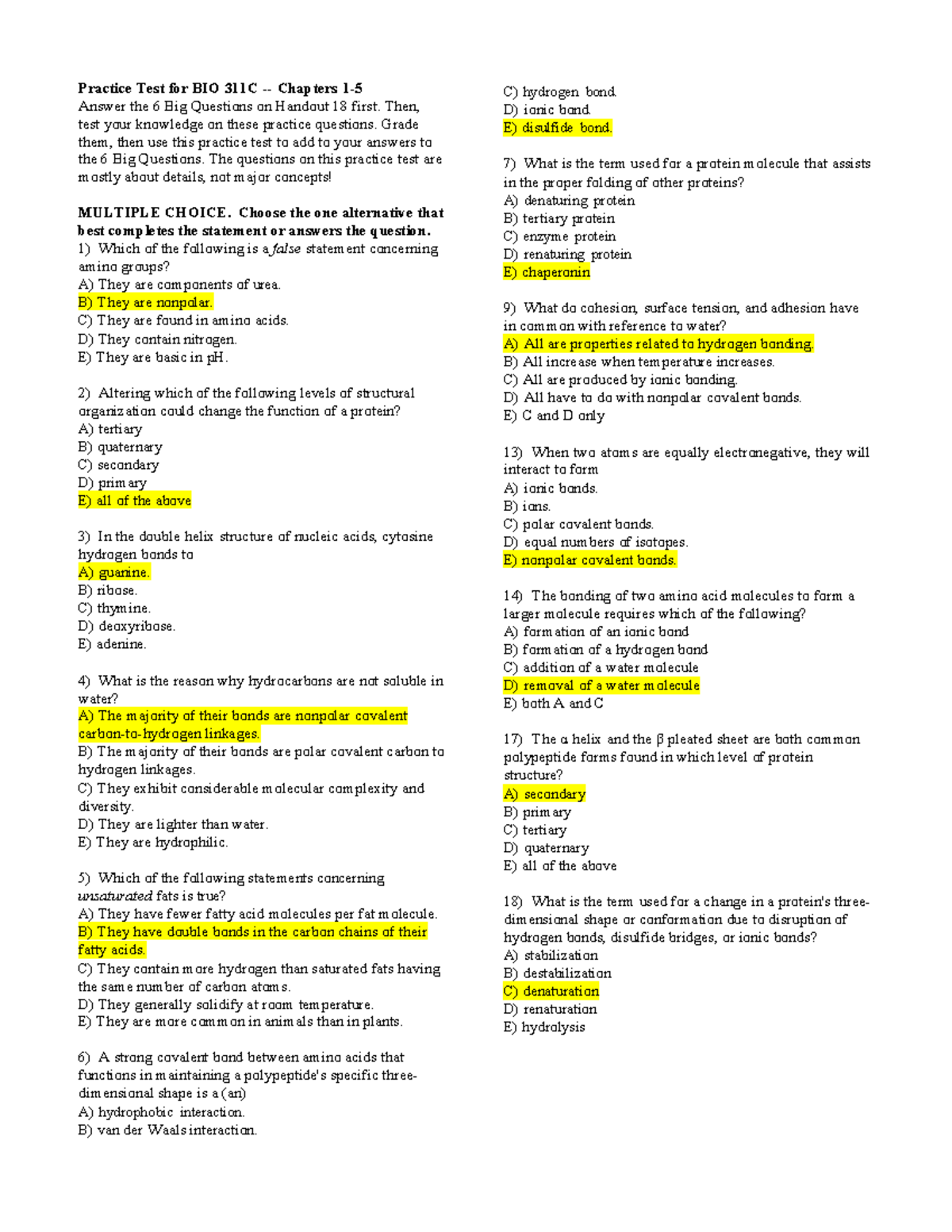 Bio311C-Chapters 1-5 - practice test - Practice Test for BIO 311C ...