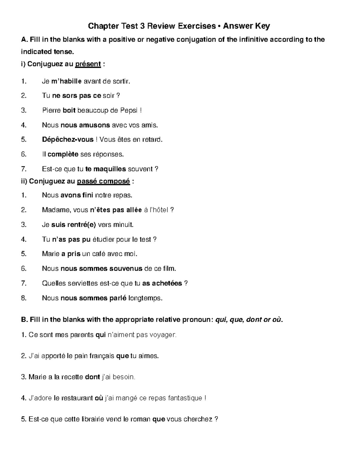 French 1004 Test 3 Review Exercises Answer Key - Chapter Test 3 Review ...