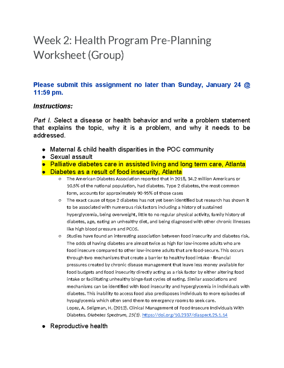 (Group 1) Week 2 Health Program Pre-Planning Worksheet - Week 2: Health Program Pre-Planning ...