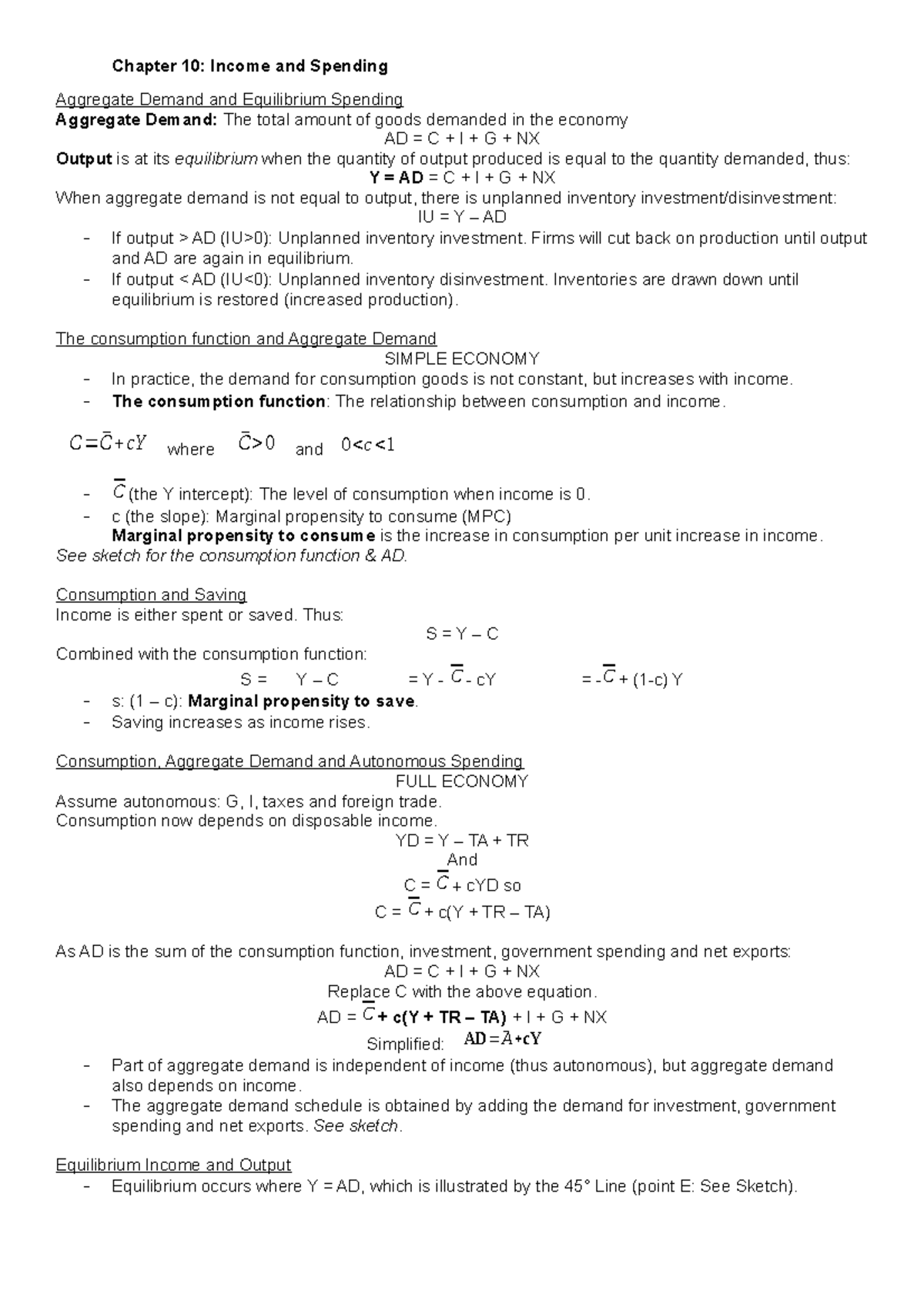 Chapter 10 - complete - Summary Economics - Chapter 10: Income and ...
