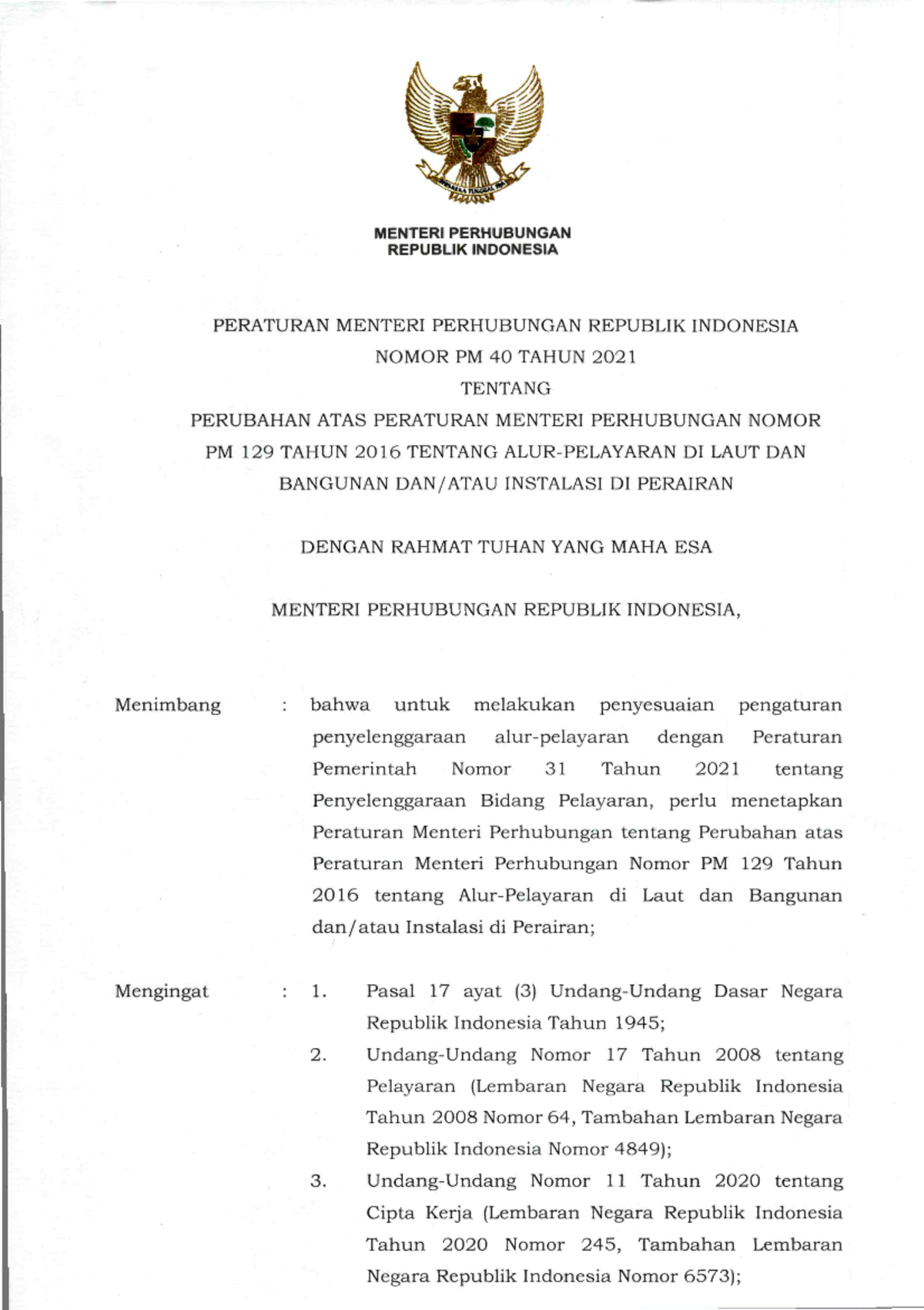 Pm 40 tahun 2021 - WWEWW - Pelayaran (Lembaran Negara Republik ...