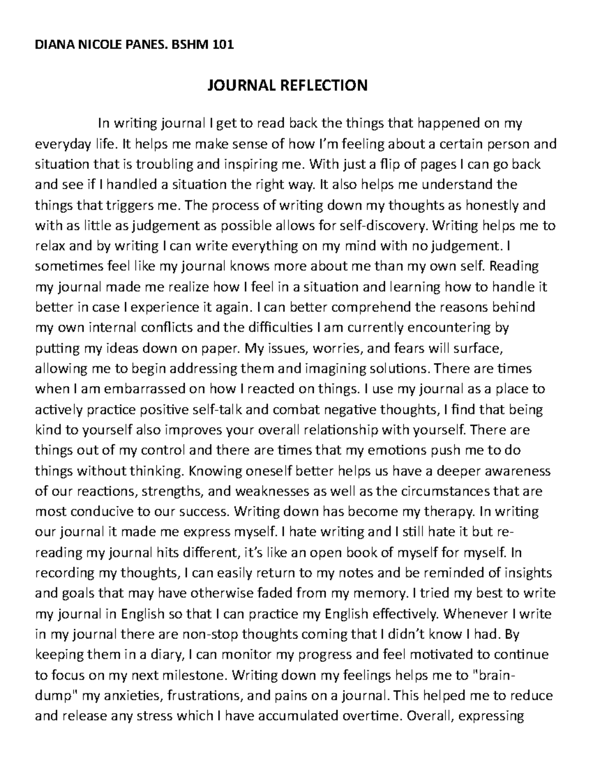 Journal Reflection - DIANA NICOLE PANES. BSHM 101 JOURNAL REFLECTION In writing journal I get to ...