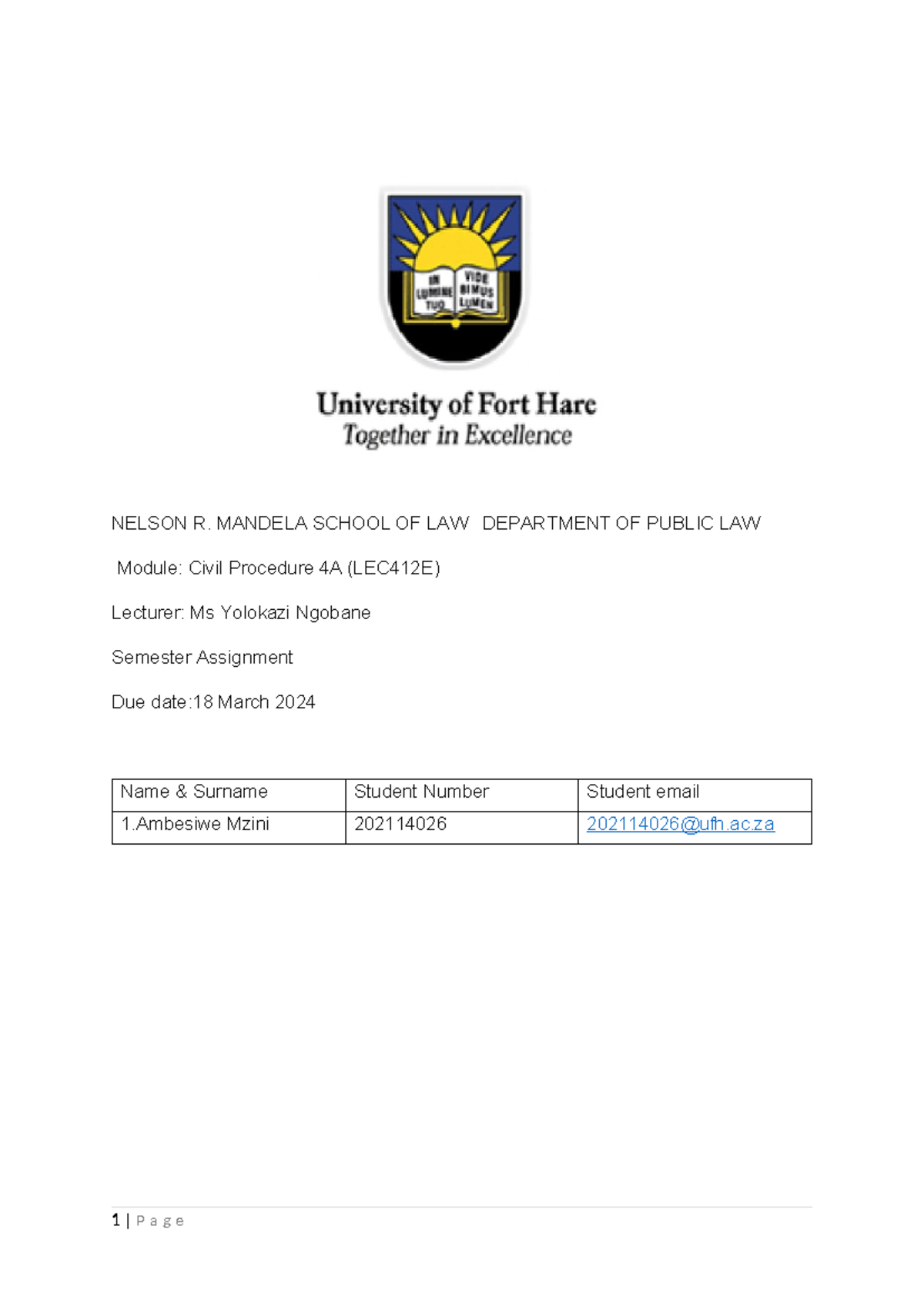 Civil Assignment answers - NELSON R. MANDELA SCHOOL OF LAW DEPARTMENT ...