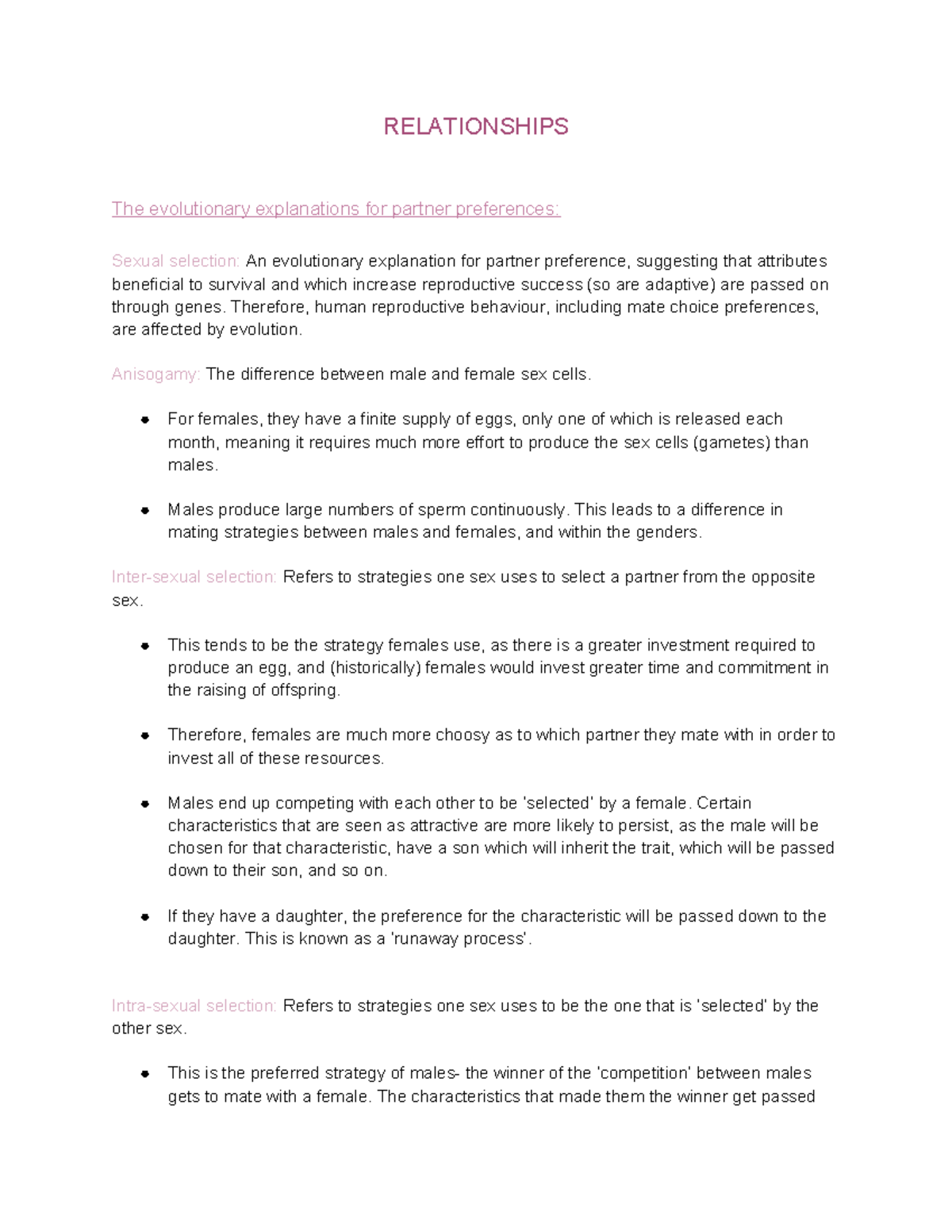 Relationships - notes - RELATIONSHIPS The evolutionary explanations for ...