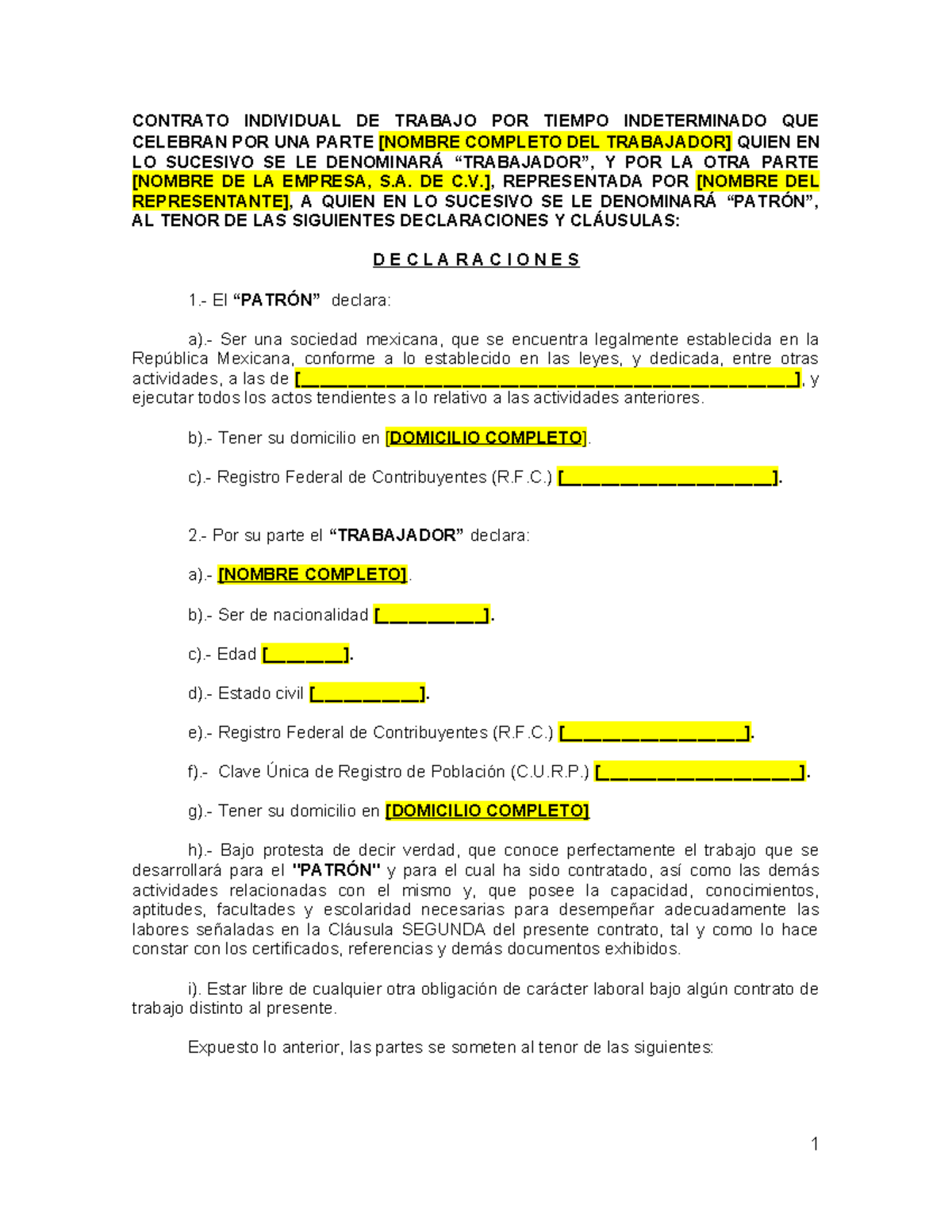 Contrato por tiempo indeterminado - CONTRATO INDIVIDUAL DE TRABAJO POR ...