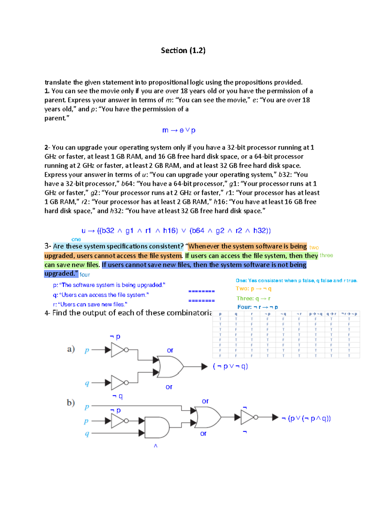 Section 1.2 answer - 2eq23eq23eqw3e - Section (1) translate the given statement into ...