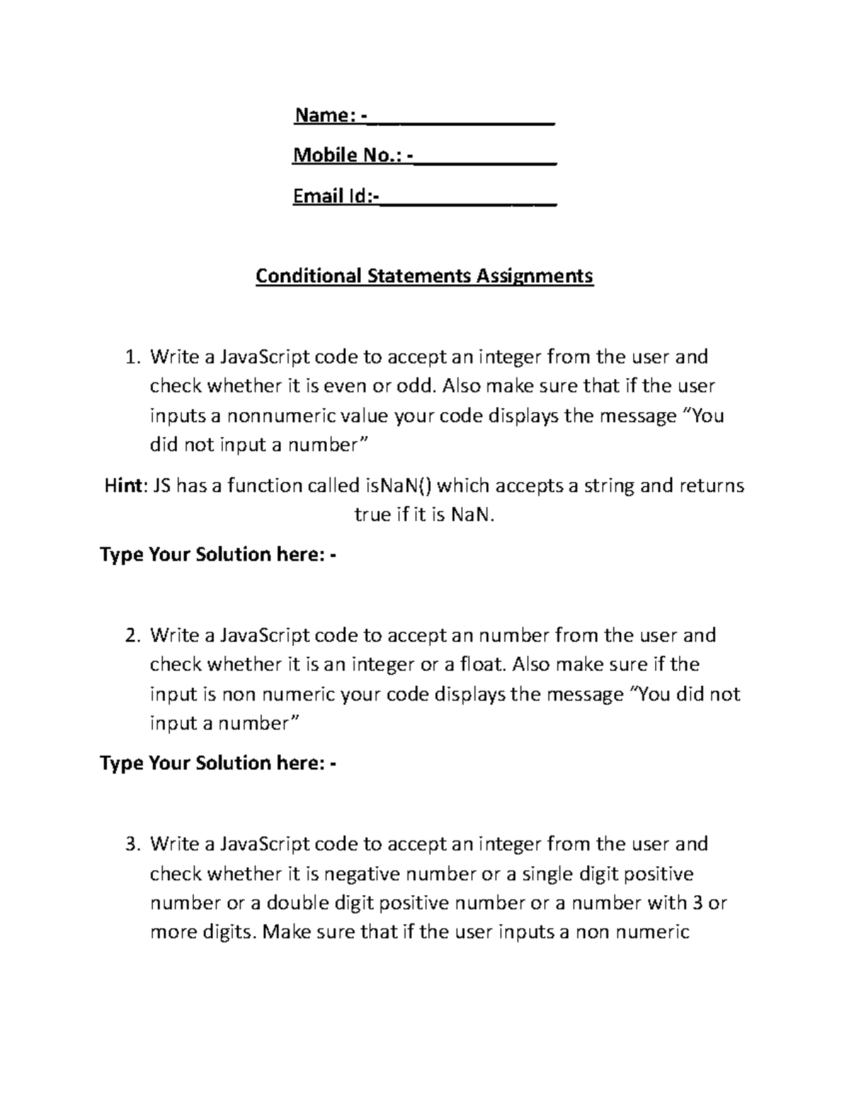 Assignment JS - good - Name: -_________________ Mobile No.: -_____________ Email - Studocu