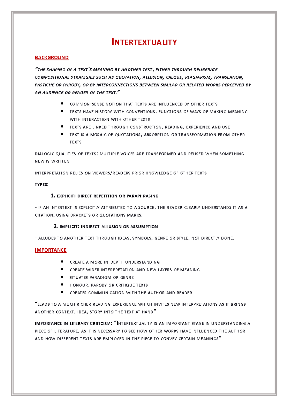 Intertextuality A1 notes - INTERTEXTUALITY BACKGROUND “THE SHAPING OF A ...