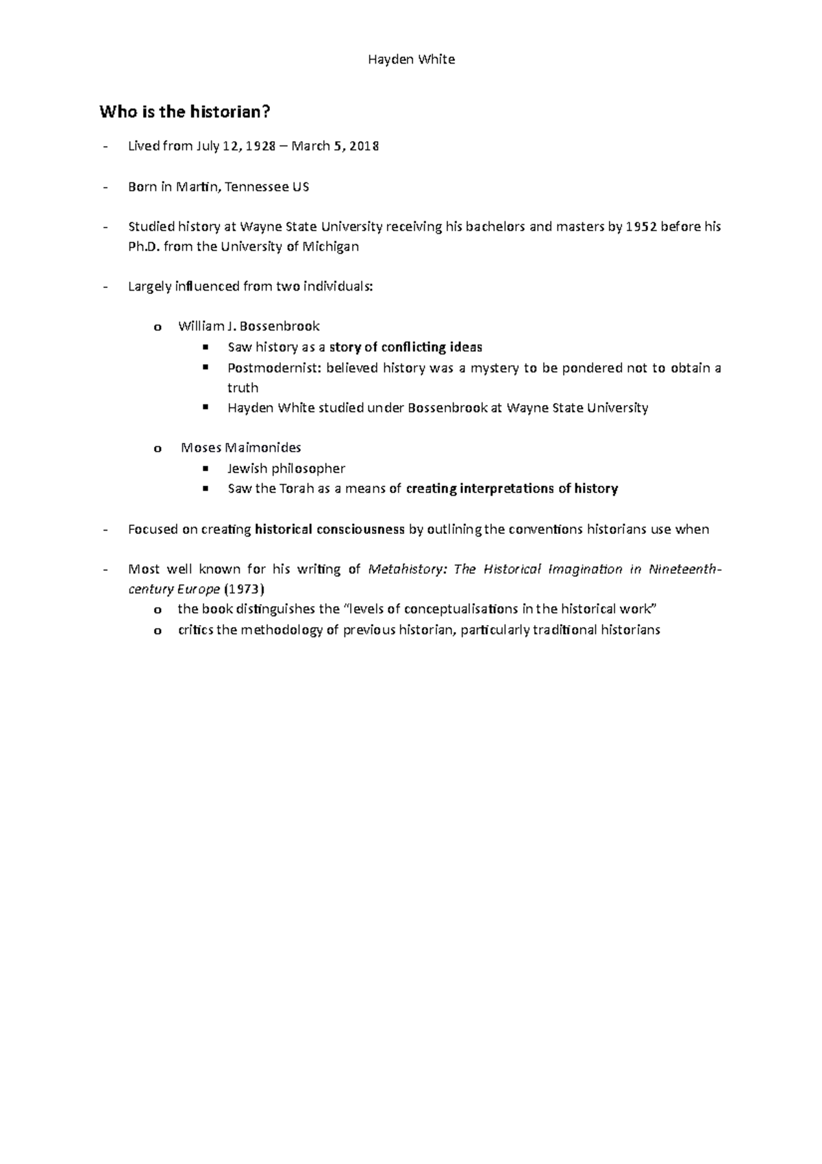 Hayden White - Notes on Hayden White - HEX2022 - Studocu