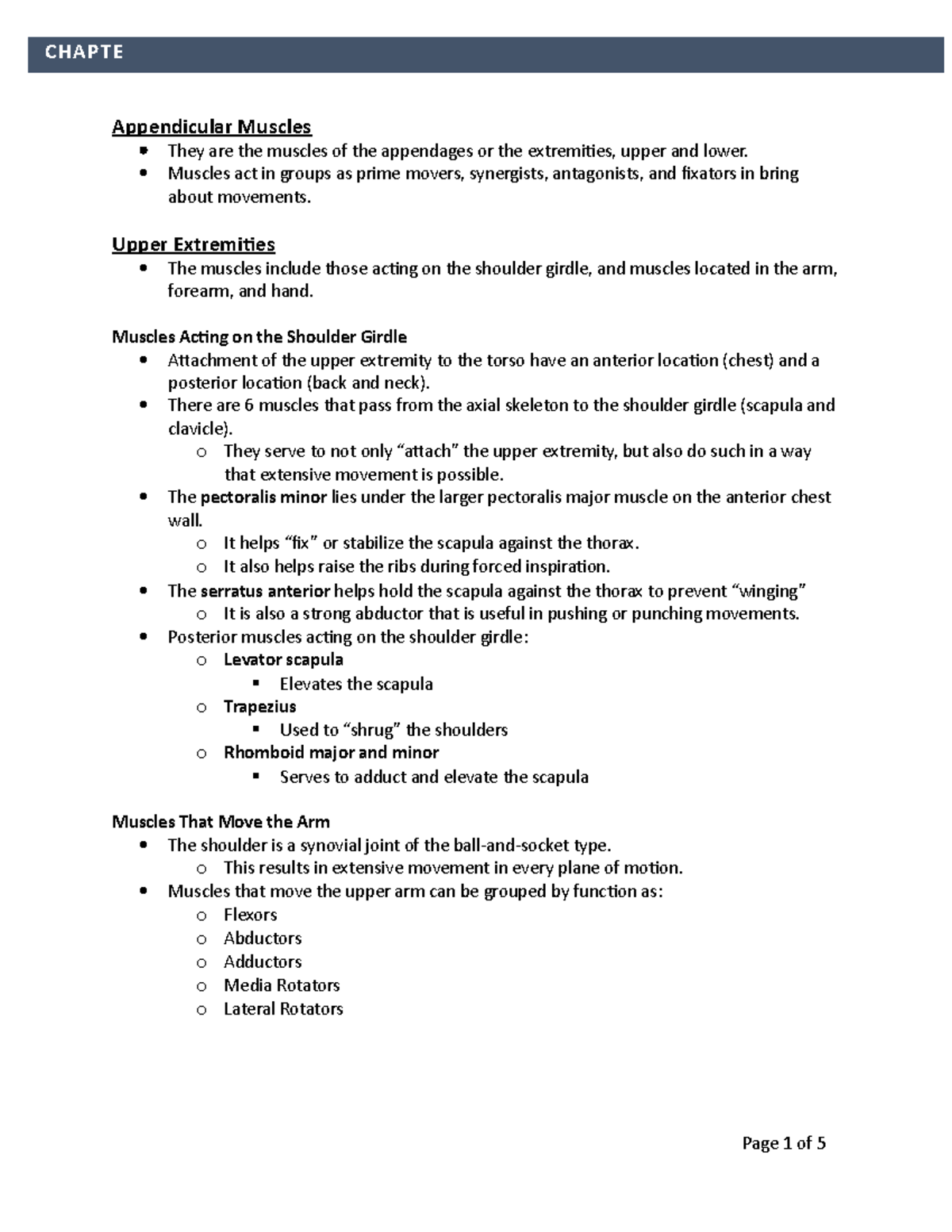 A&P1 - Ch. 16 Outline - Summary Anatomy and Physiology - Appendicular ...