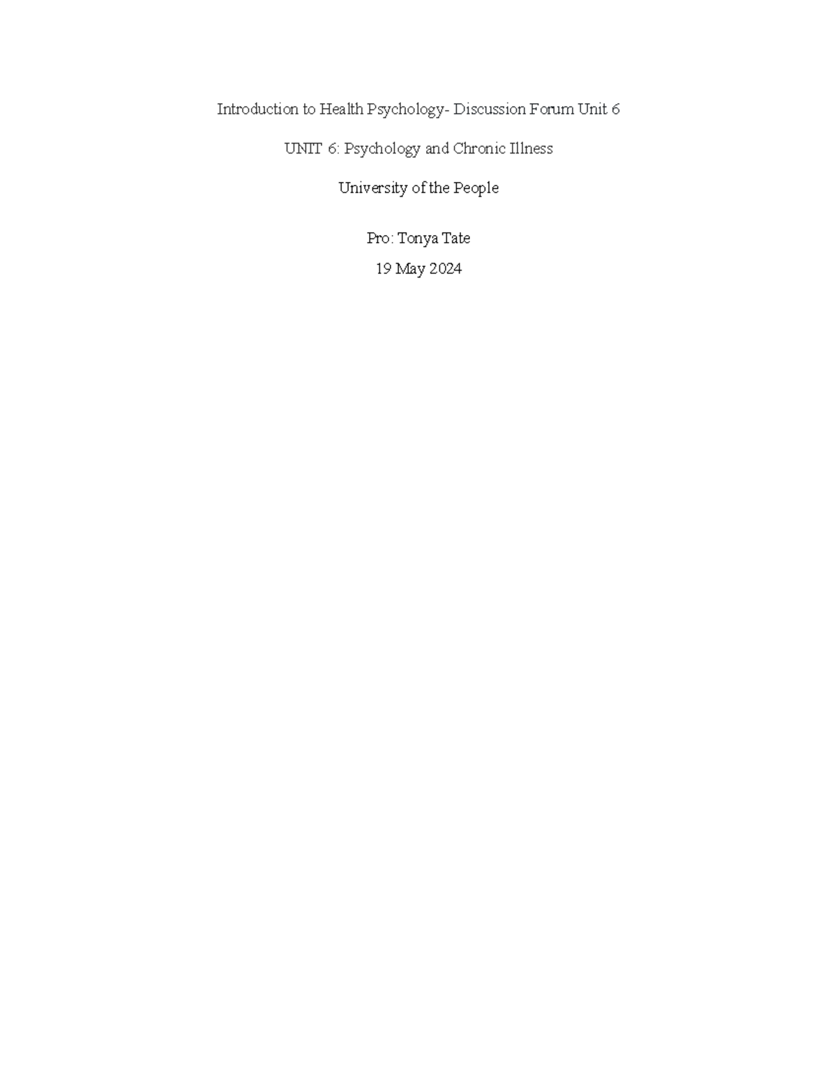 Unit 6-Introduction to Health Psychology- Discussion Forum - PSYC 1504 ...