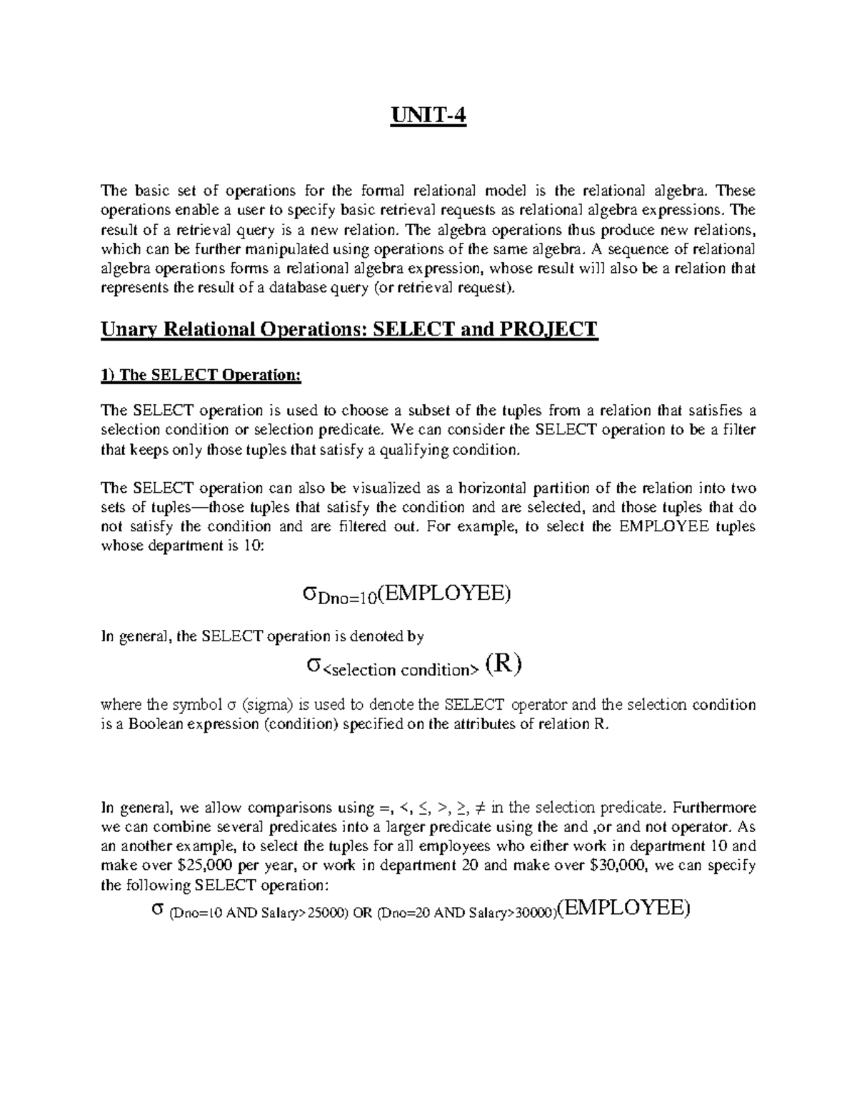 DBMS Unit-4 Notes - Student - UNIT- The basic set of operations for the ...