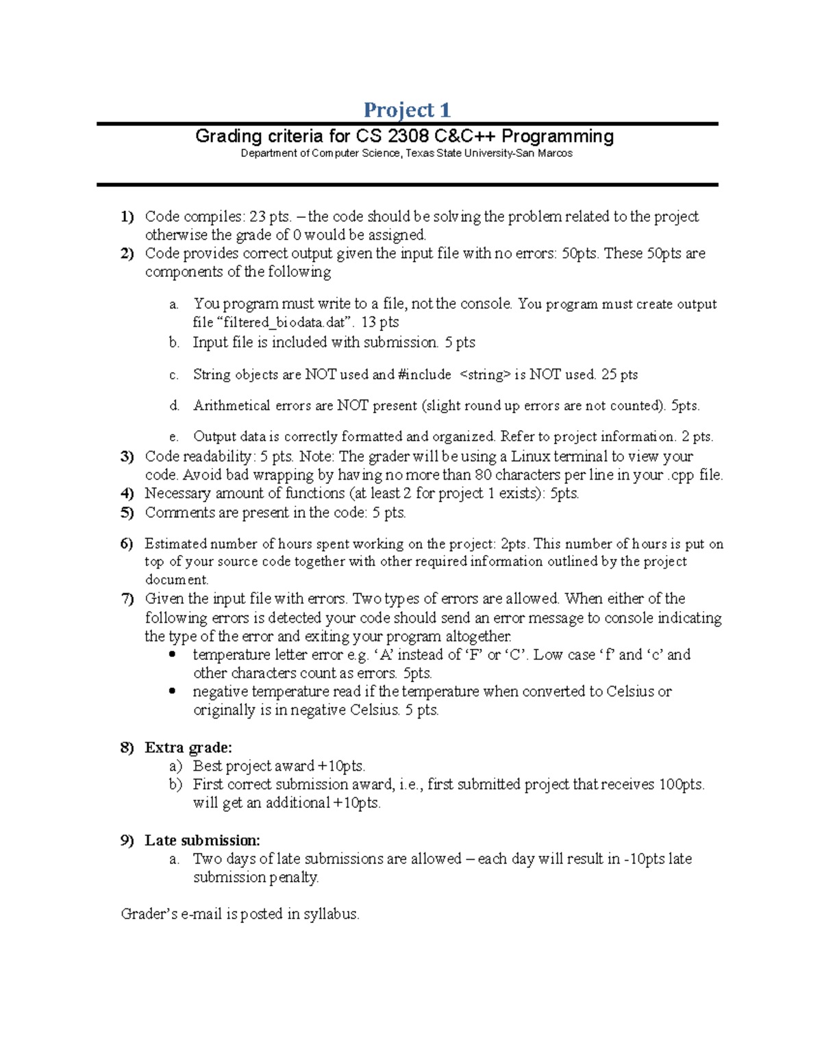 1st Project Grading Criteria - Project 1 Grading criteria for CS 2308 C ...