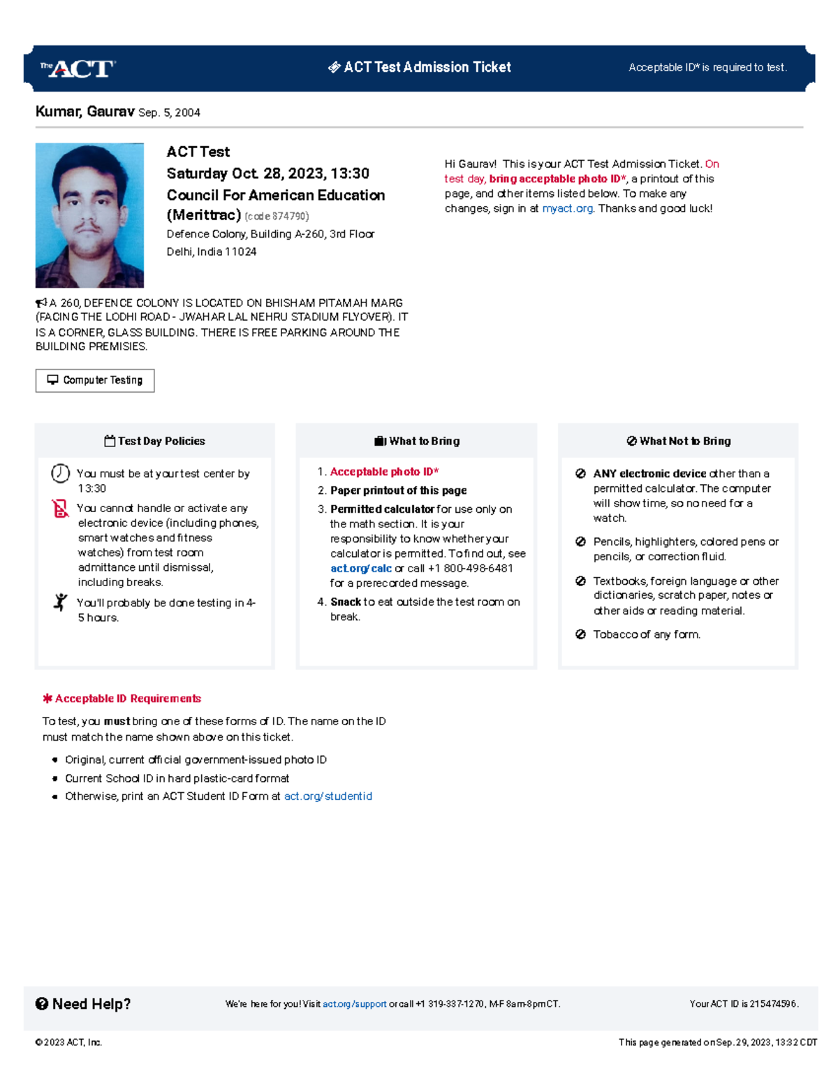 Admission Ticket - My ACT - ACT Test Admission Ticket Acceptable ID* is ...