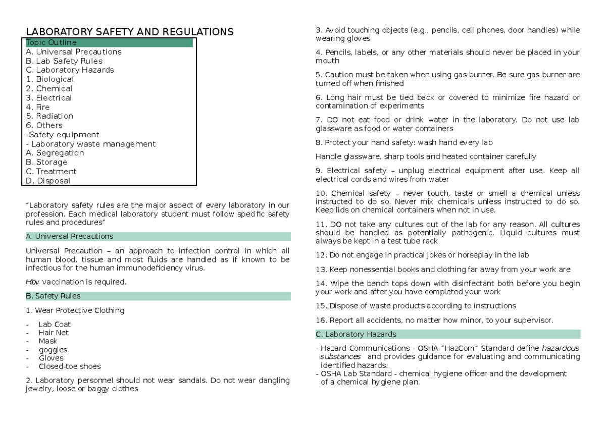 Prelims CCHM Reviewer - chem - LABORATORY SAFETY AND REGULATIONS Topic ...
