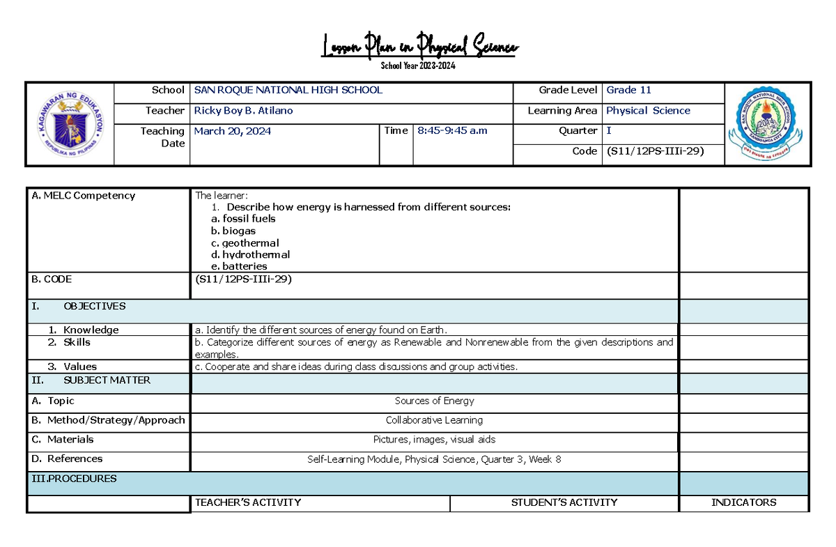 CO3 Physical Science Lesson PLAN - Lesson Plan in Physical Science ...