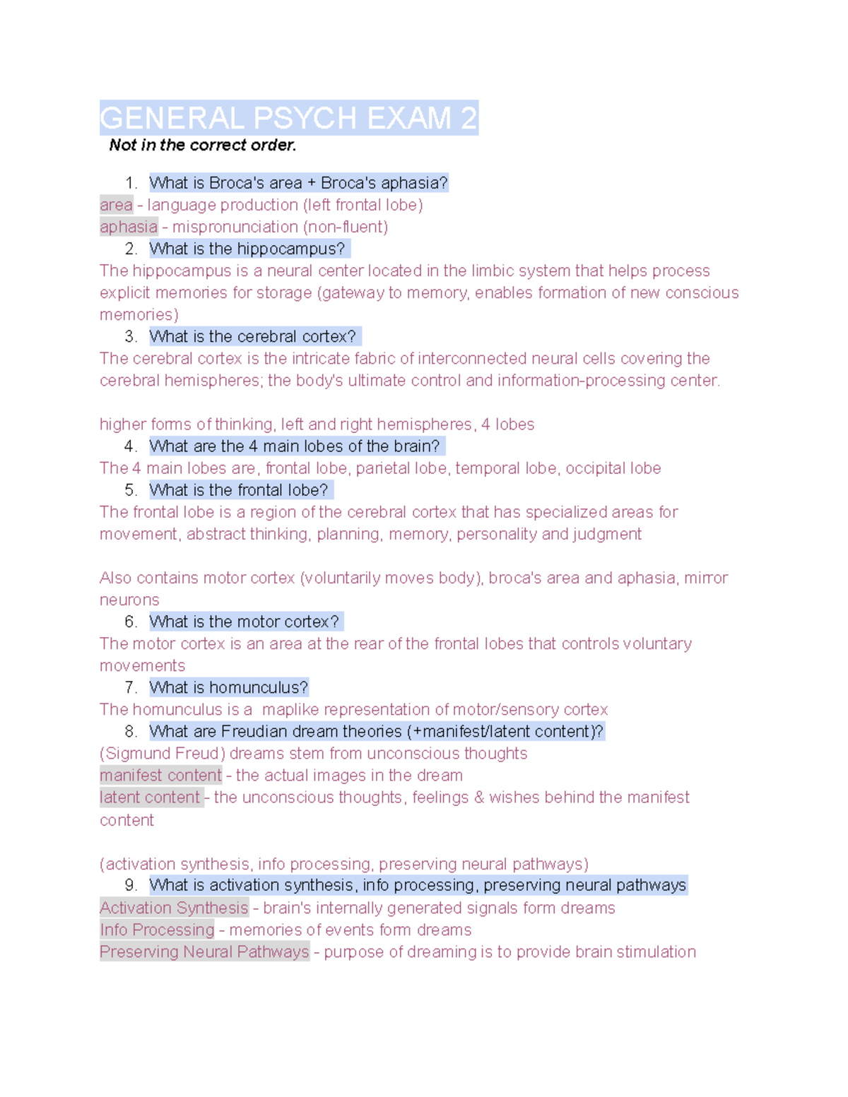 Gen psych exam 1 study guide - GENERAL PSYCH EXAM 2 Not in the correct ...