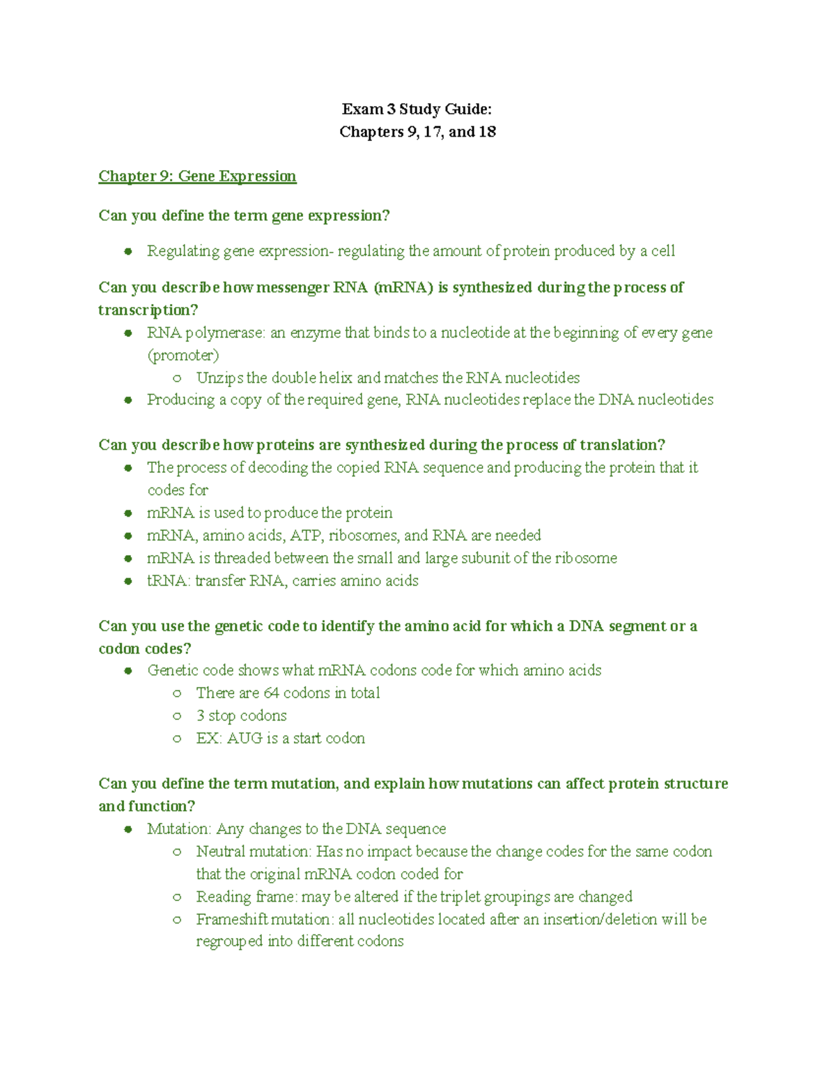 Exam 3 Study Guide: Gene Expression Protein Synthesis Mutations Genetic ...