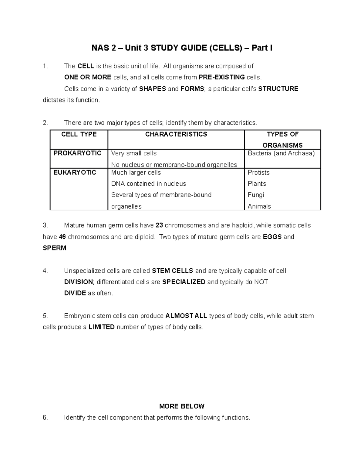 NAS 2 – Unit 3 Part 1 Study Guide - NAS 2 – Unit 3 STUDY GUIDE (CELLS ...