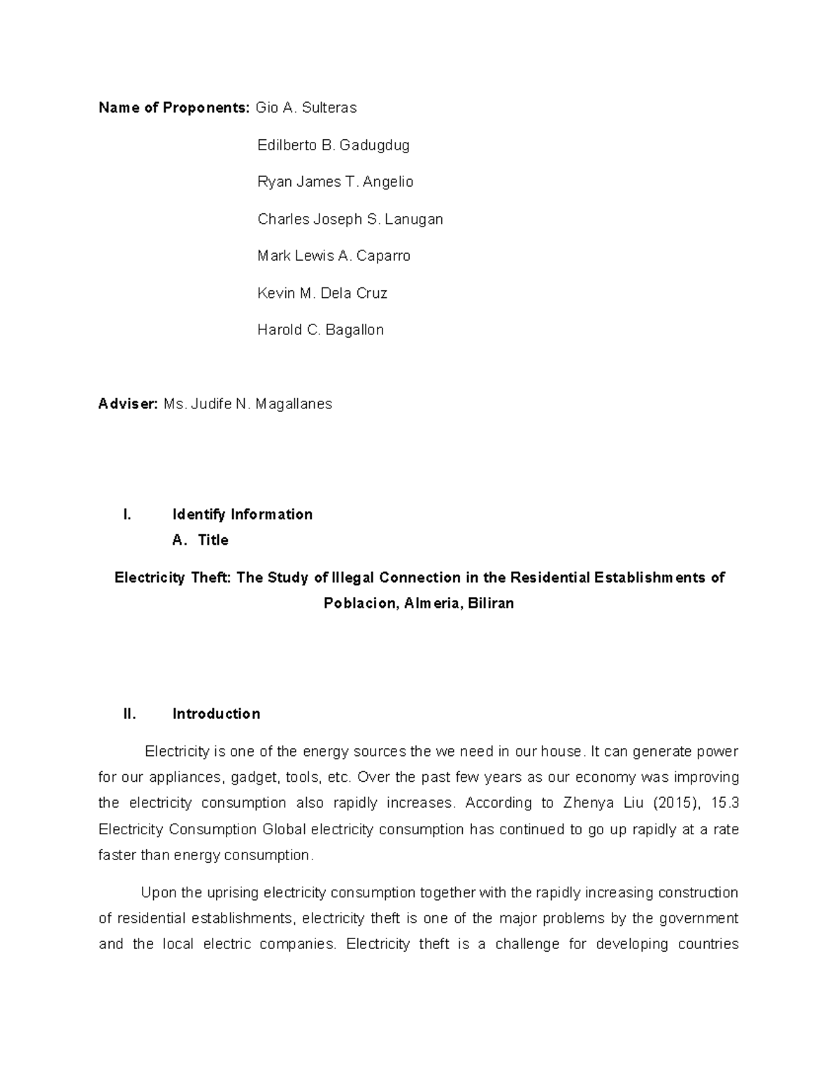 Electricity Theft - Introduction - Name of Proponents: Gio A. Sulteras ...