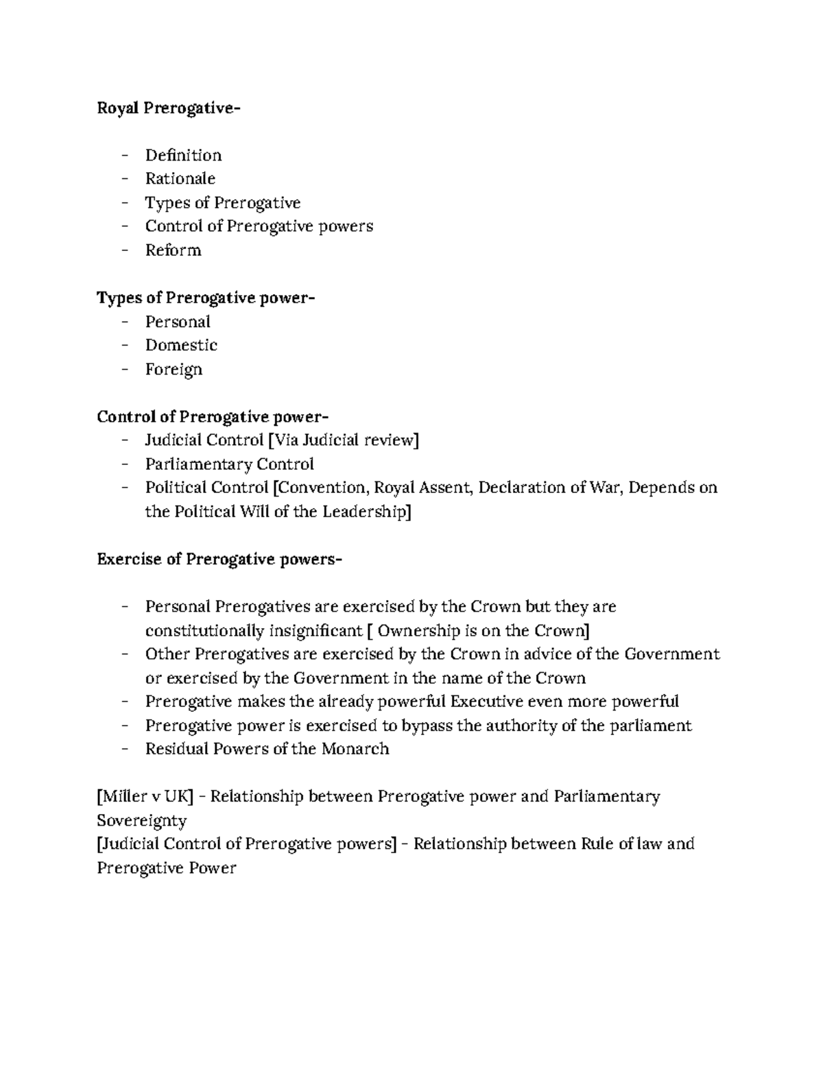 Public Law Skeletons 1 - full lecture note - Royal Prerogative ...