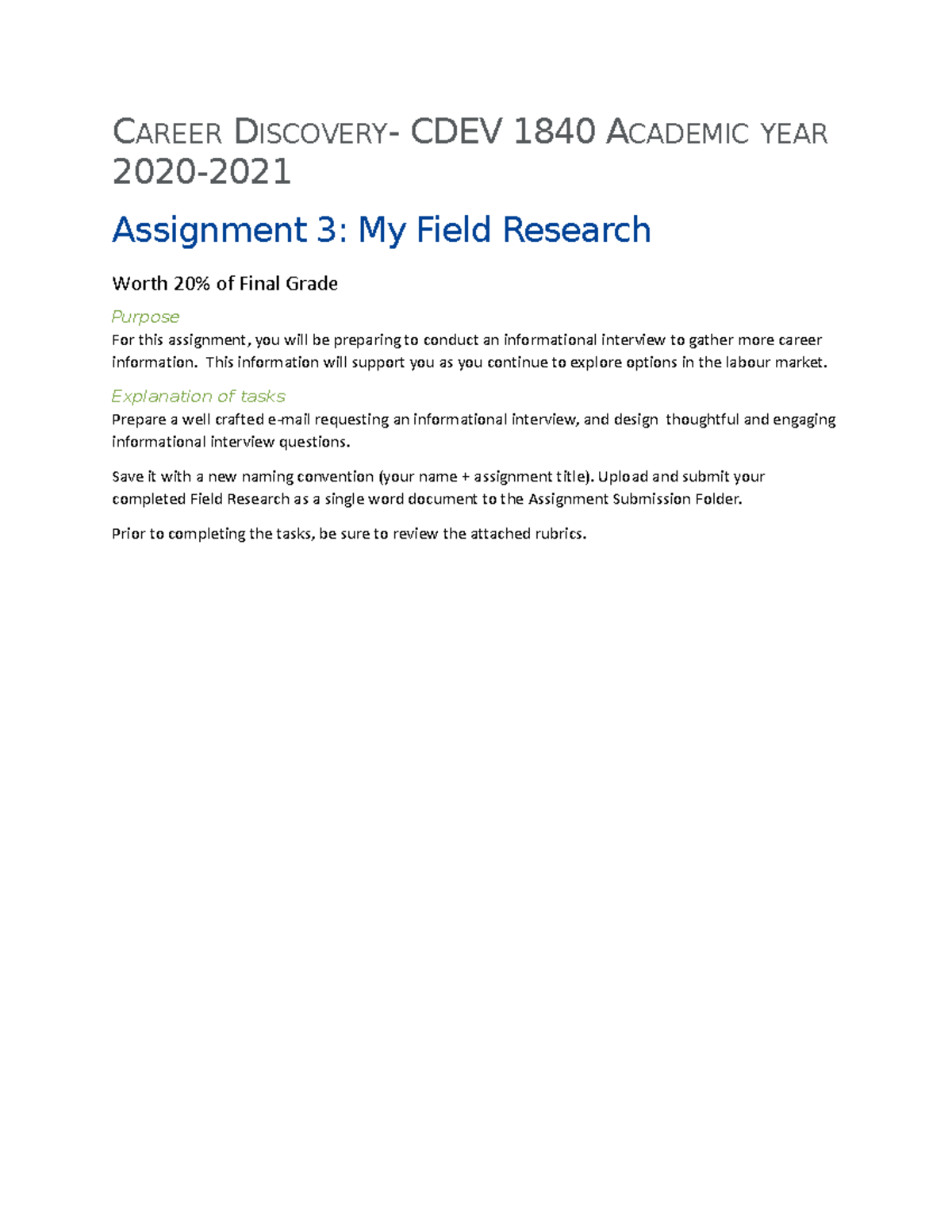 CDEV1840M Career Discovery Assignment 3 My Field Research 2020-2021 (3 ...