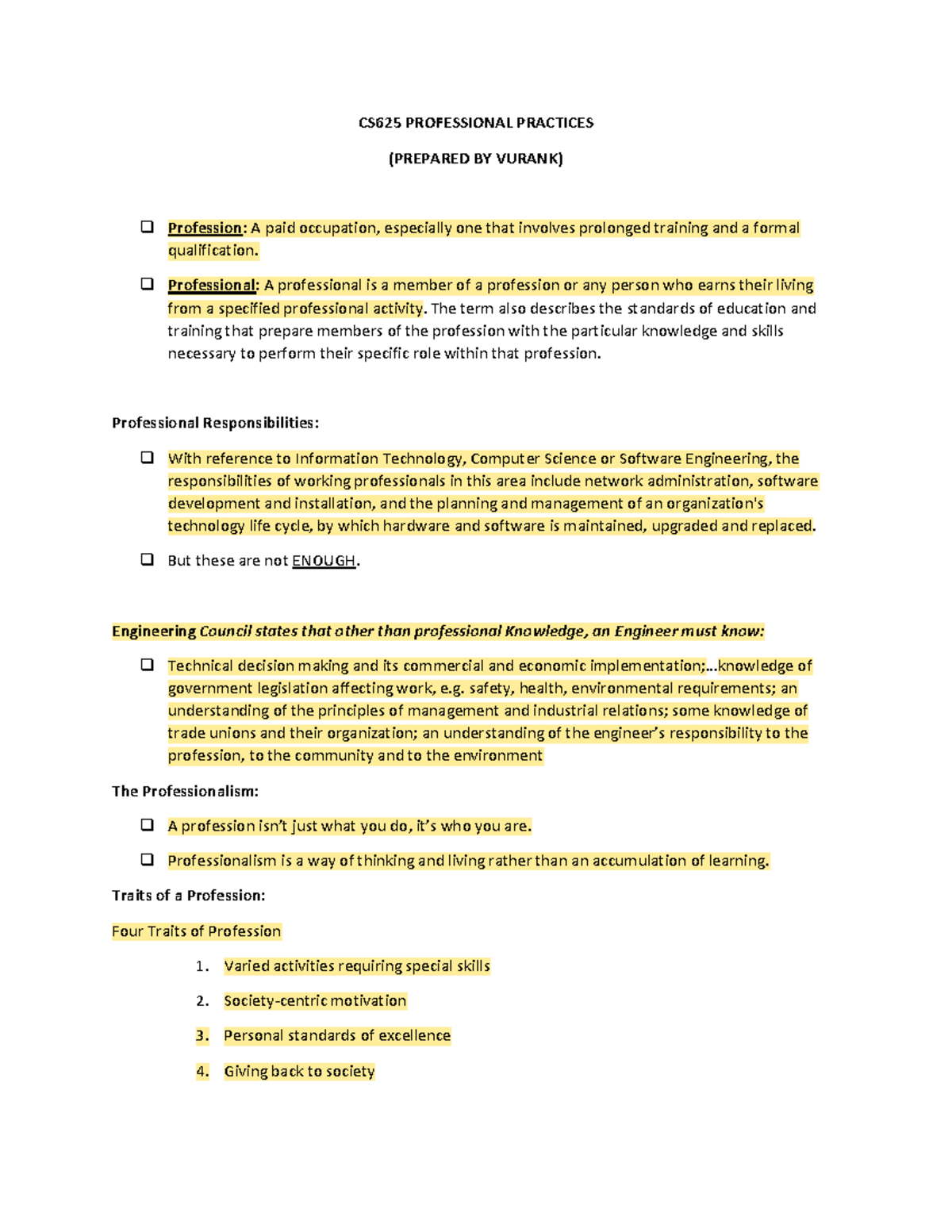 CS625 Professional Practices Mid Term Highlighted Handouts (Week 1-8) - CS625 PROFESSIONAL ...