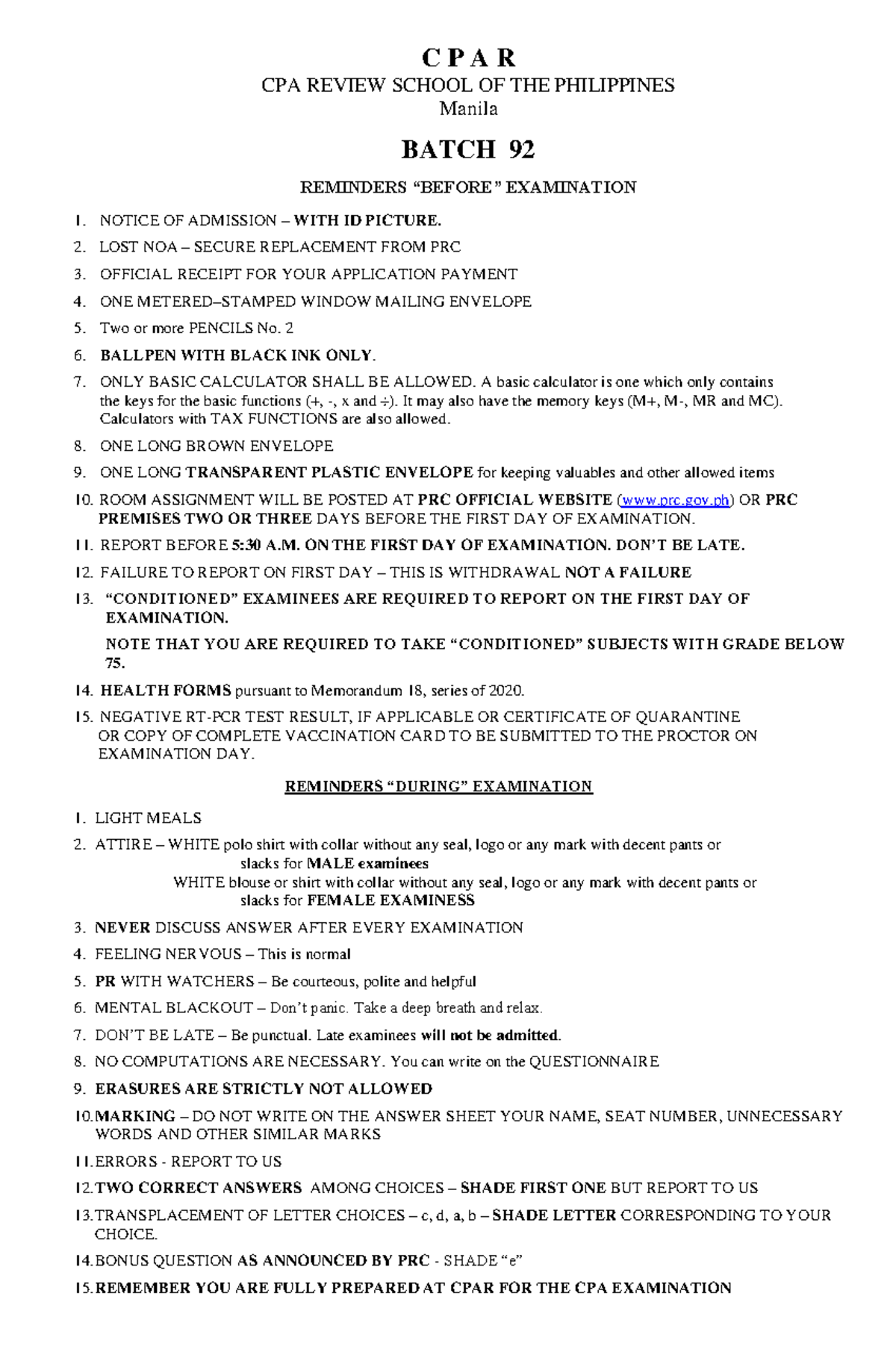 Reminders For Actual Board Exam - C P A R CPA REVIEW SCHOOL OF THE ...