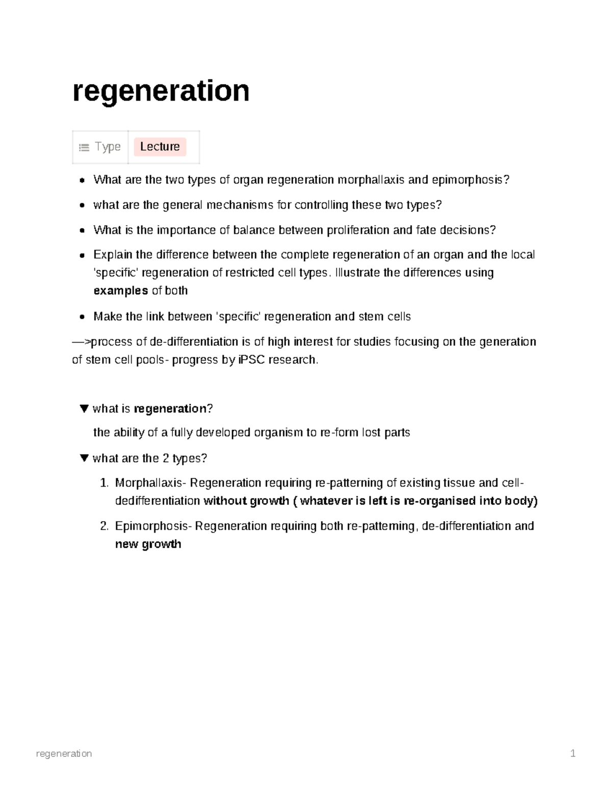 Regernatio - notes - regeneration Type Lecture What are the two types ...