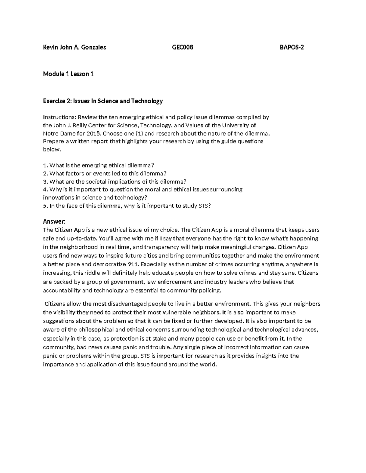 Module 1 Lesson 1 and 2 Exercises - Kevin John A. Gonzales GEC008 BAPOS ...