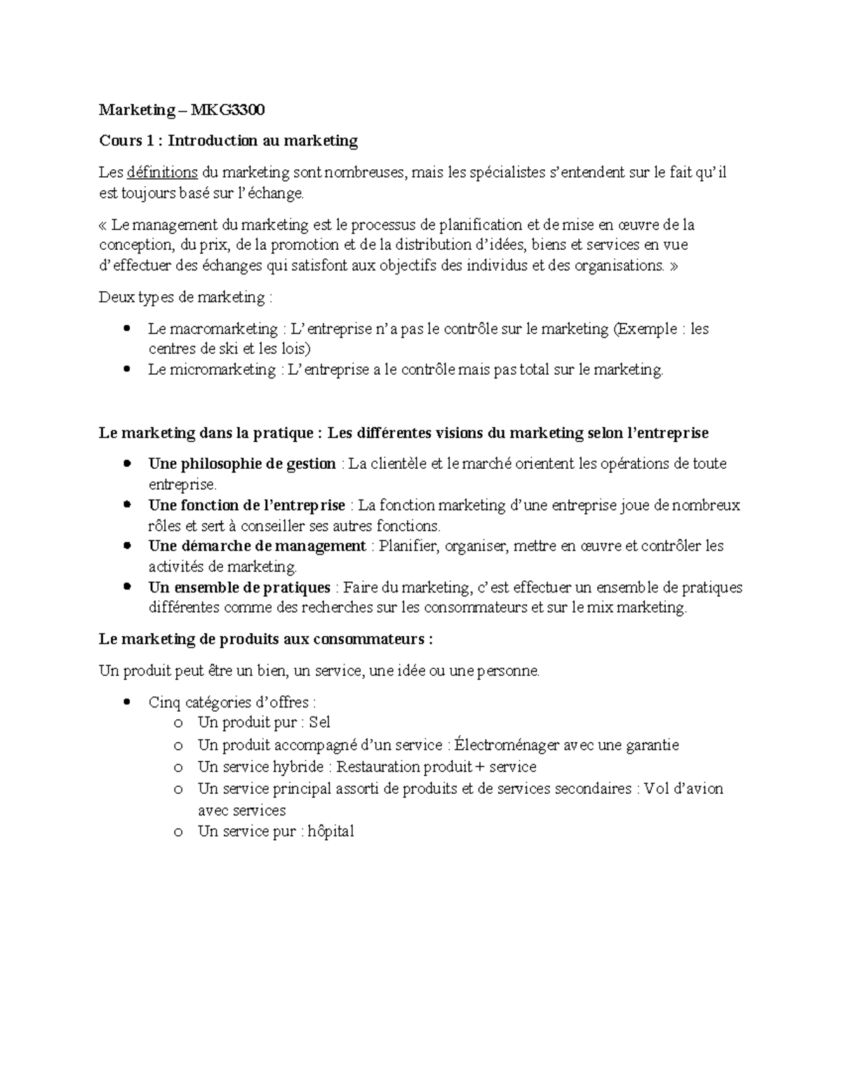 Cours 1 - Marketing – MKG Cours 1 : Introduction au marketing Les définitions du marketing sont ...