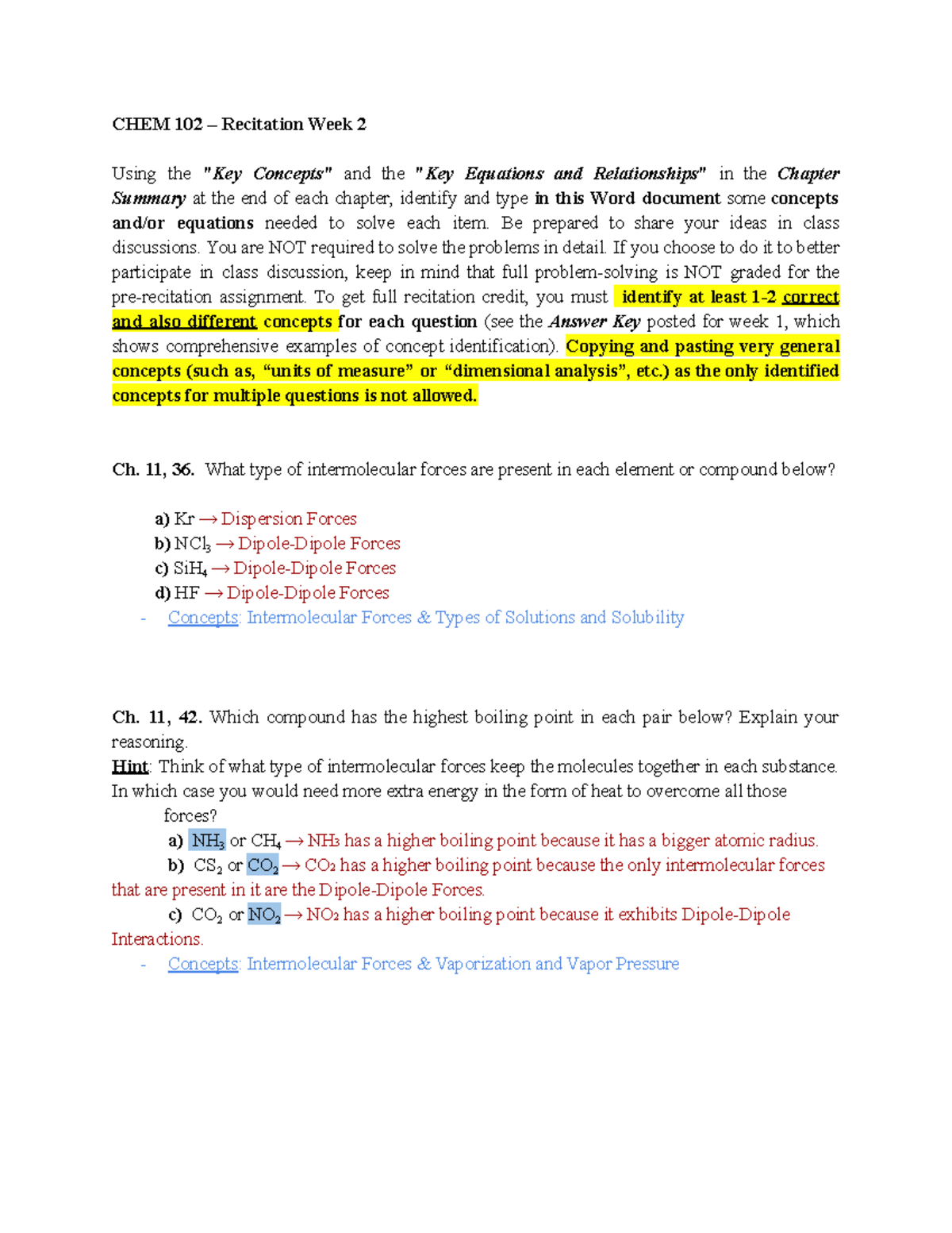 Chem 102 Week 2 Recitation - CHEM 102 – Recitation Week 2 Using the "Key Concepts" and the - Studocu