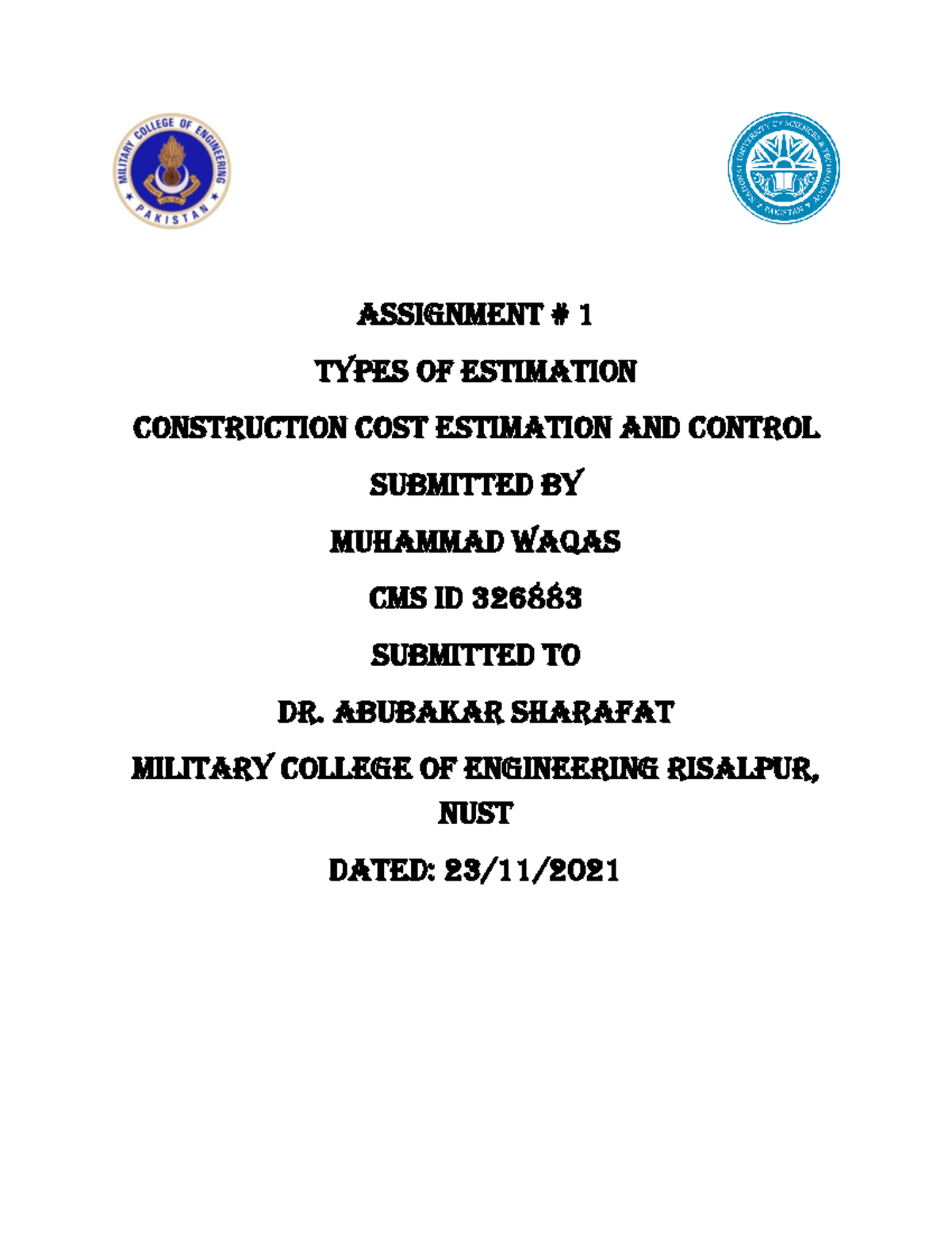 cost estimation assignment 1 - ASSIGNMENT # 1 TYPES OF ESTIMATION ...