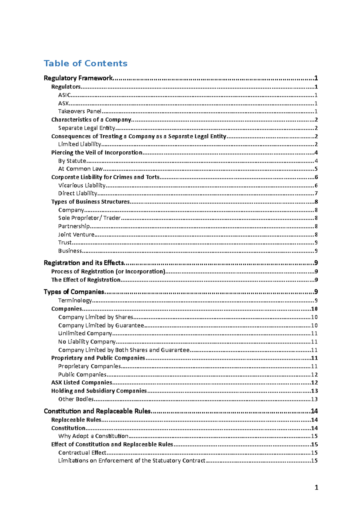 Table of contents - TOC for notes - Table of Contents Regulatory - Studocu