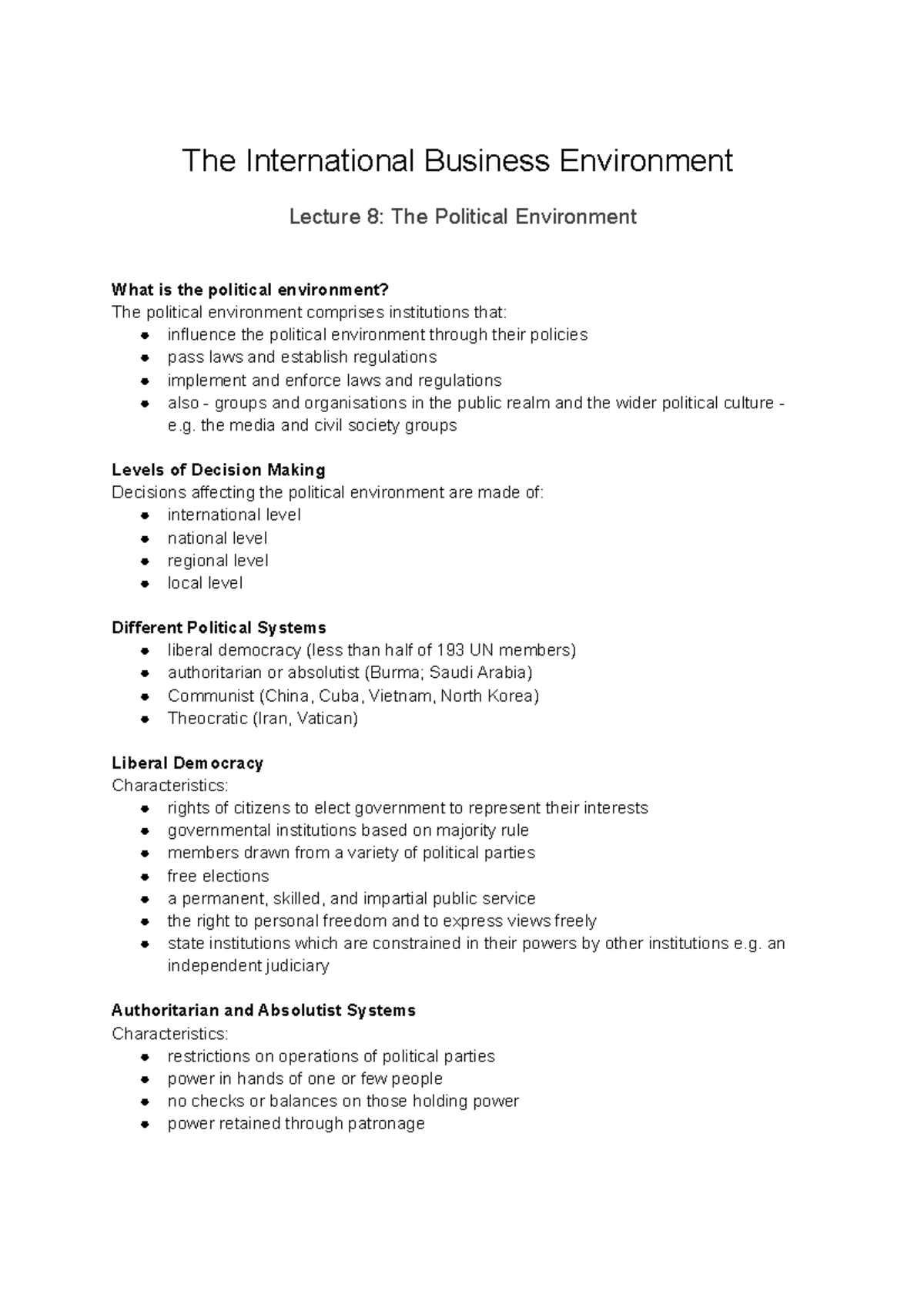 Lecture 8 The Political Environment - The International Business ...