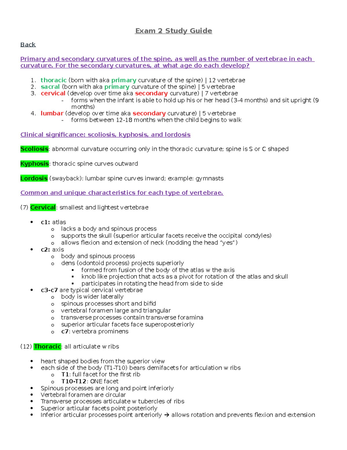 Anatomy B2 SG - Dr. Tina Dow - Exam 2 Study Guide Back Primary and ...