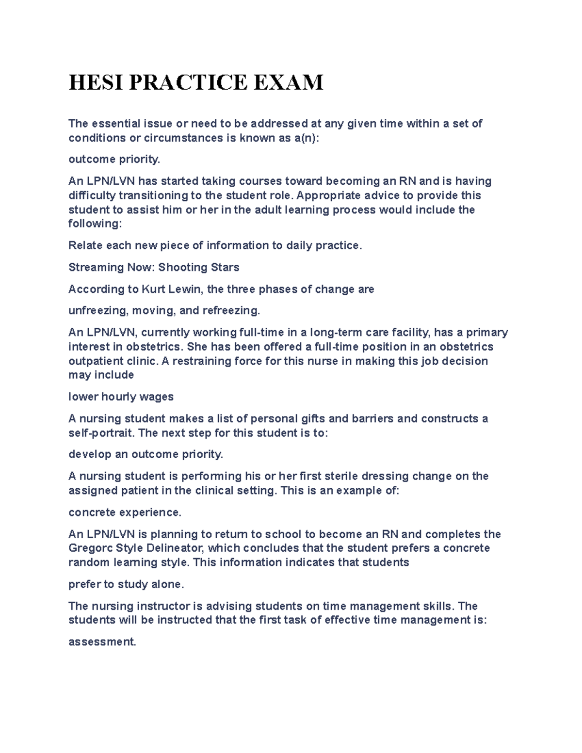 HESI Practice EXAM - HESI PRACTICE EXAM The essential issue or need to ...