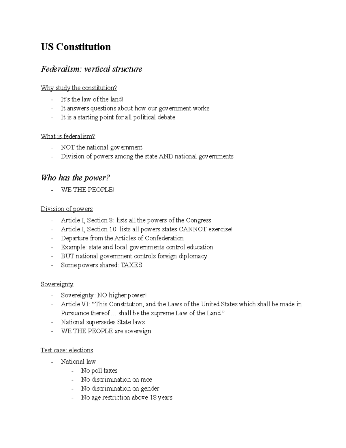 Constitution Lecture Notes - US Constitution Federalism: vertical ...