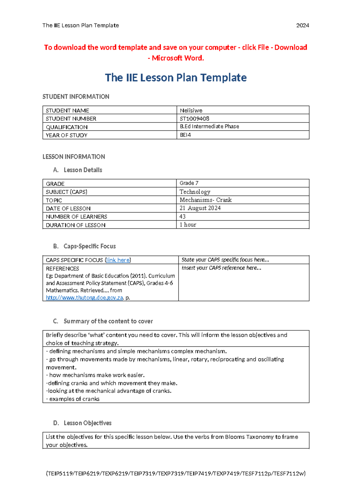 The IIE Lesson Plan Template - To download the word template and save ...
