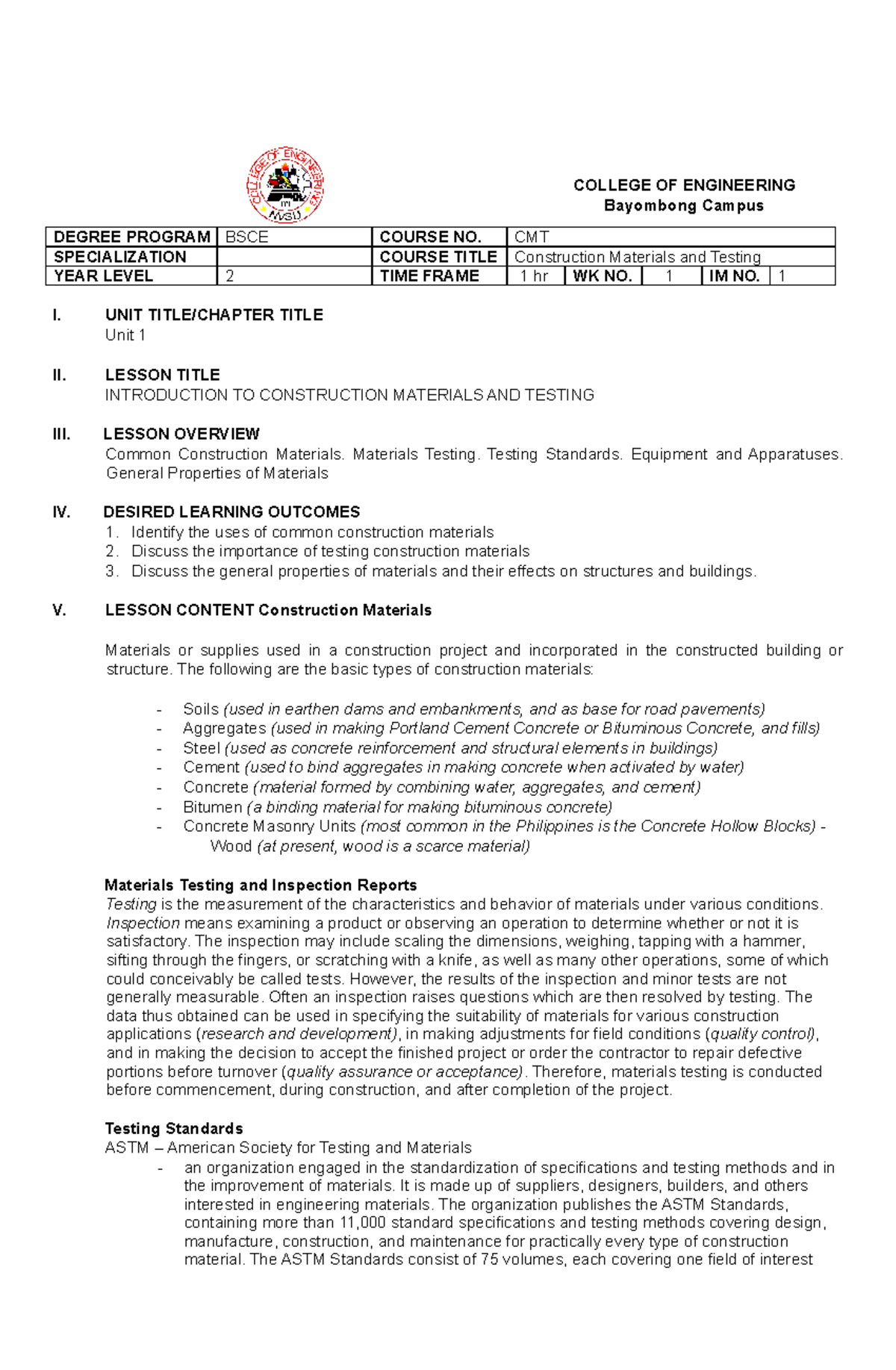 CMT-Module-1 - Construction Materials and Testing Module 1 - COLLEGE OF ...