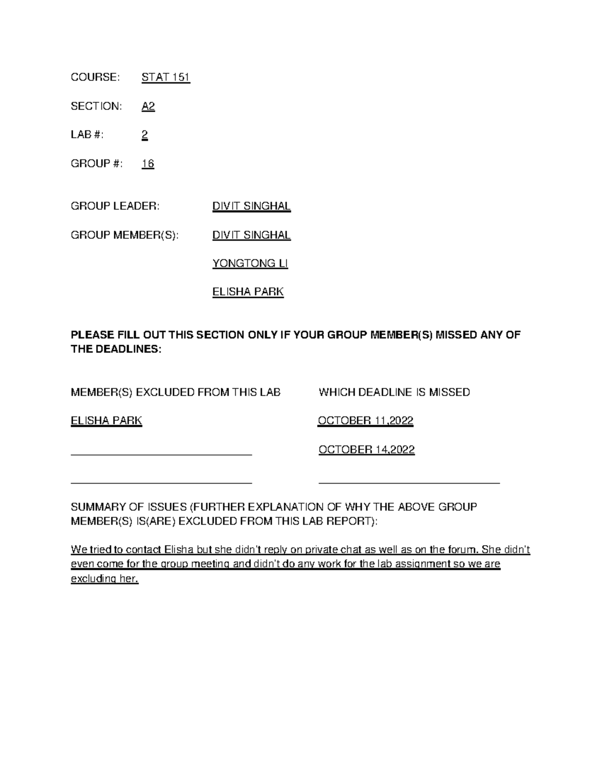 Stat 151 Lab 2 Assignment Course Stat 151 Section A Lab 2 Group 16 Group Leader Divit