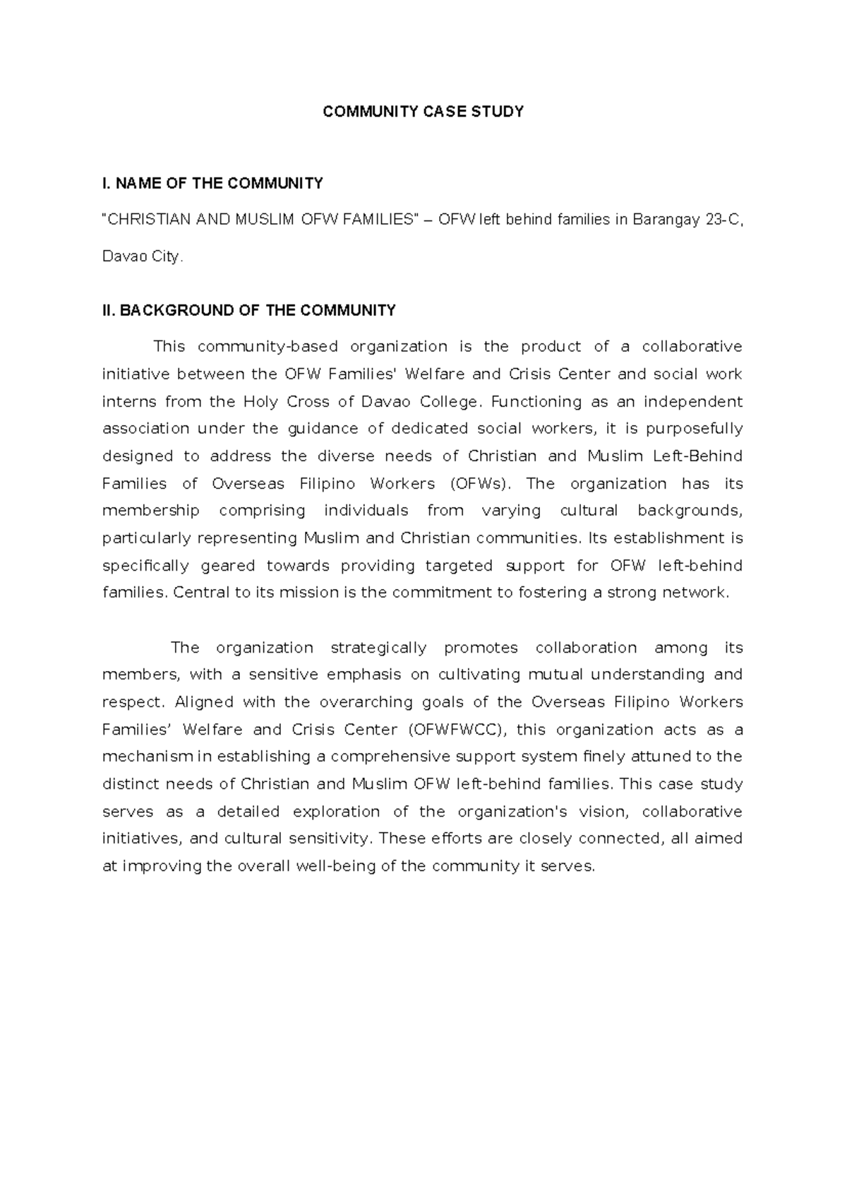 Community CASE Study edited - COMMUNITY CASE STUDY I. NAME OF THE ...