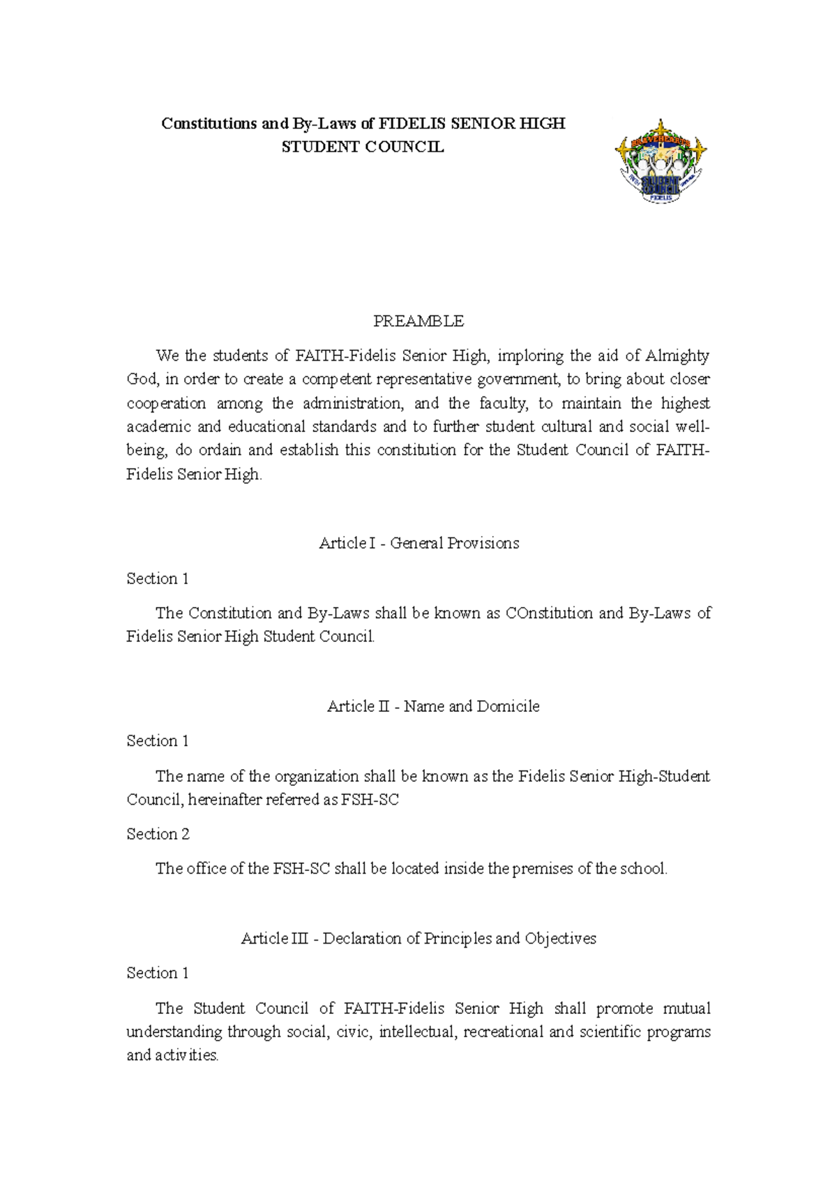 Constitutions-and-By - Constitutions and By-Laws of FIDELIS SENIOR HIGH ...