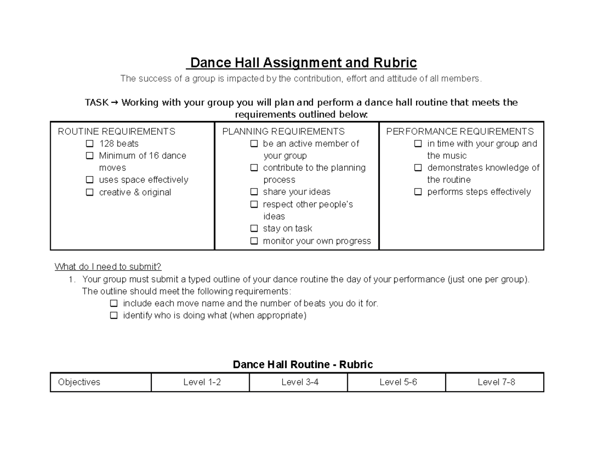 Dance Hall Assignment and Rubric - TASK → Working with your group you ...