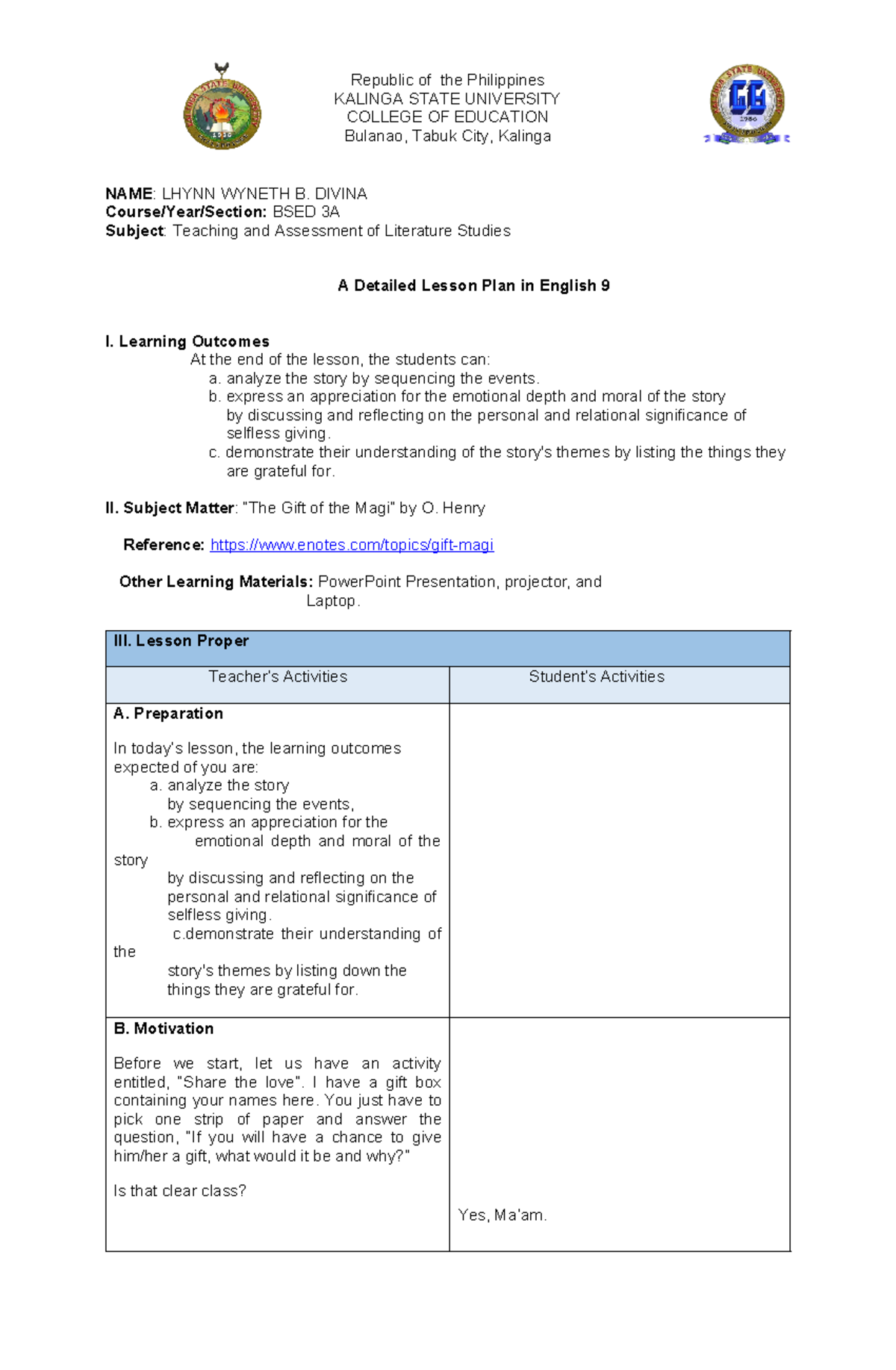 LP The Gift of the Magi - Lesson plan - Republic of the Philippines ...